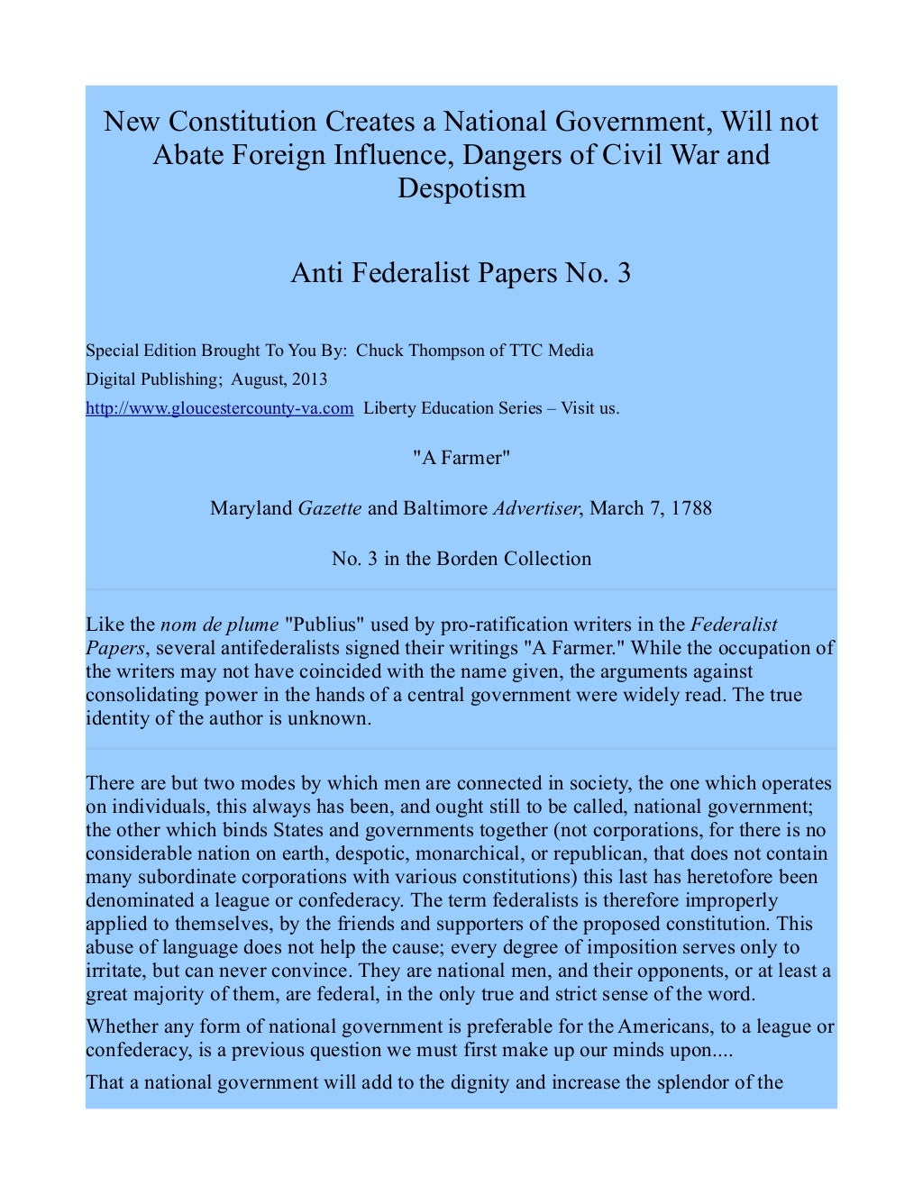 Anti Federalist Papers No 3