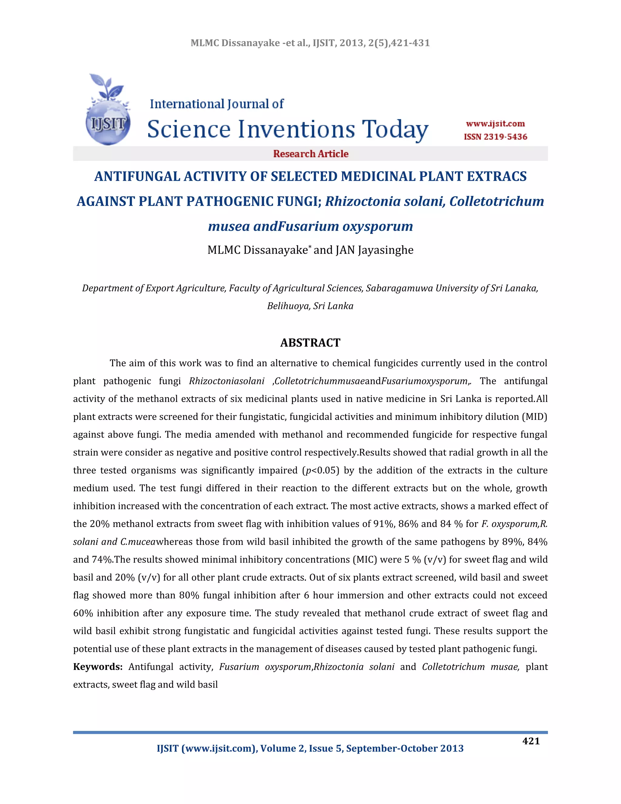 ANTIFUNGAL ACTIVITY OF SELECTED MEDICINAL PLANT EXTRACS AGAINST PLANT ...