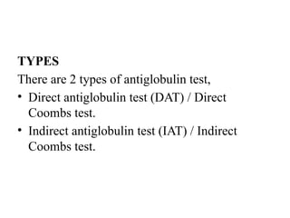 Antiglobulin test or Coomb's test (Direct antiglobulin test and ...