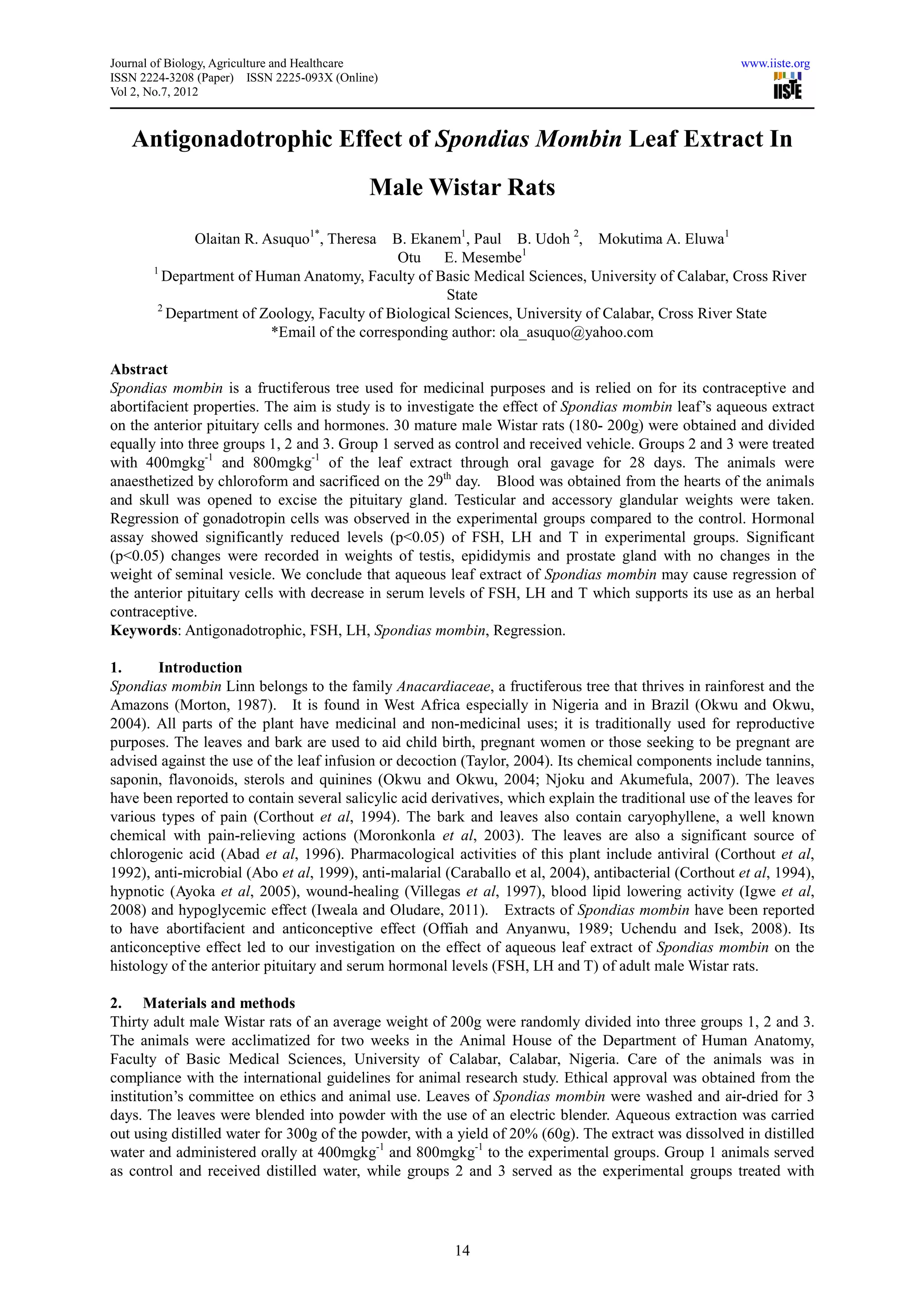 Antigonadotrophic effect of spondias mombin leaf extract in male wistar ...