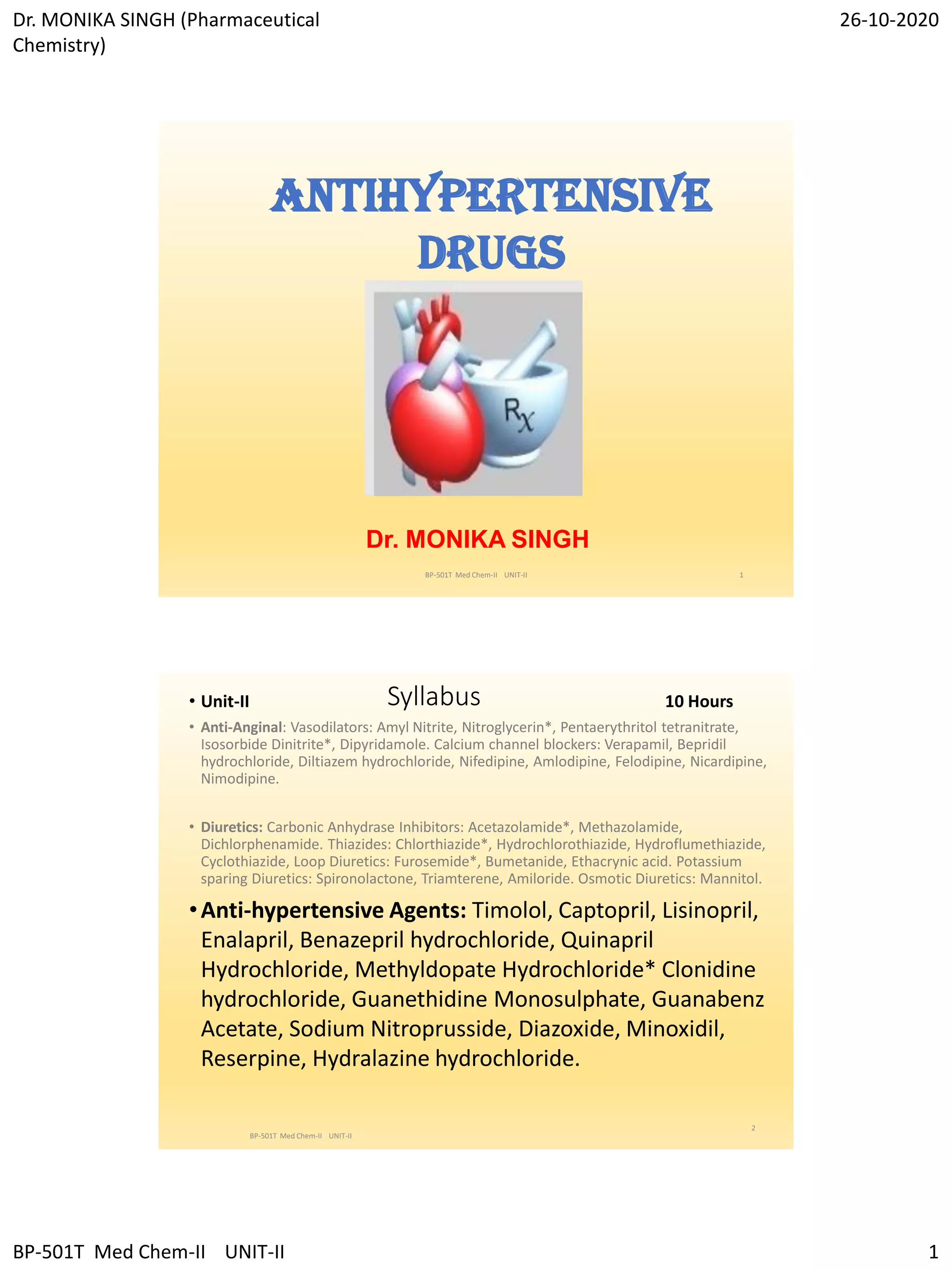 Anti hypertensive agents by Dr. Monika Singh as per PCI Syllabys 2020 | PDF