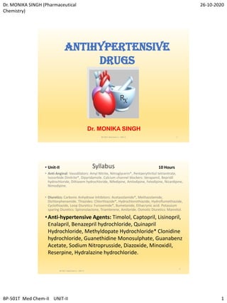 Anti hypertensive agents by Dr. Monika Singh as per PCI Syllabys 2020 | PDF