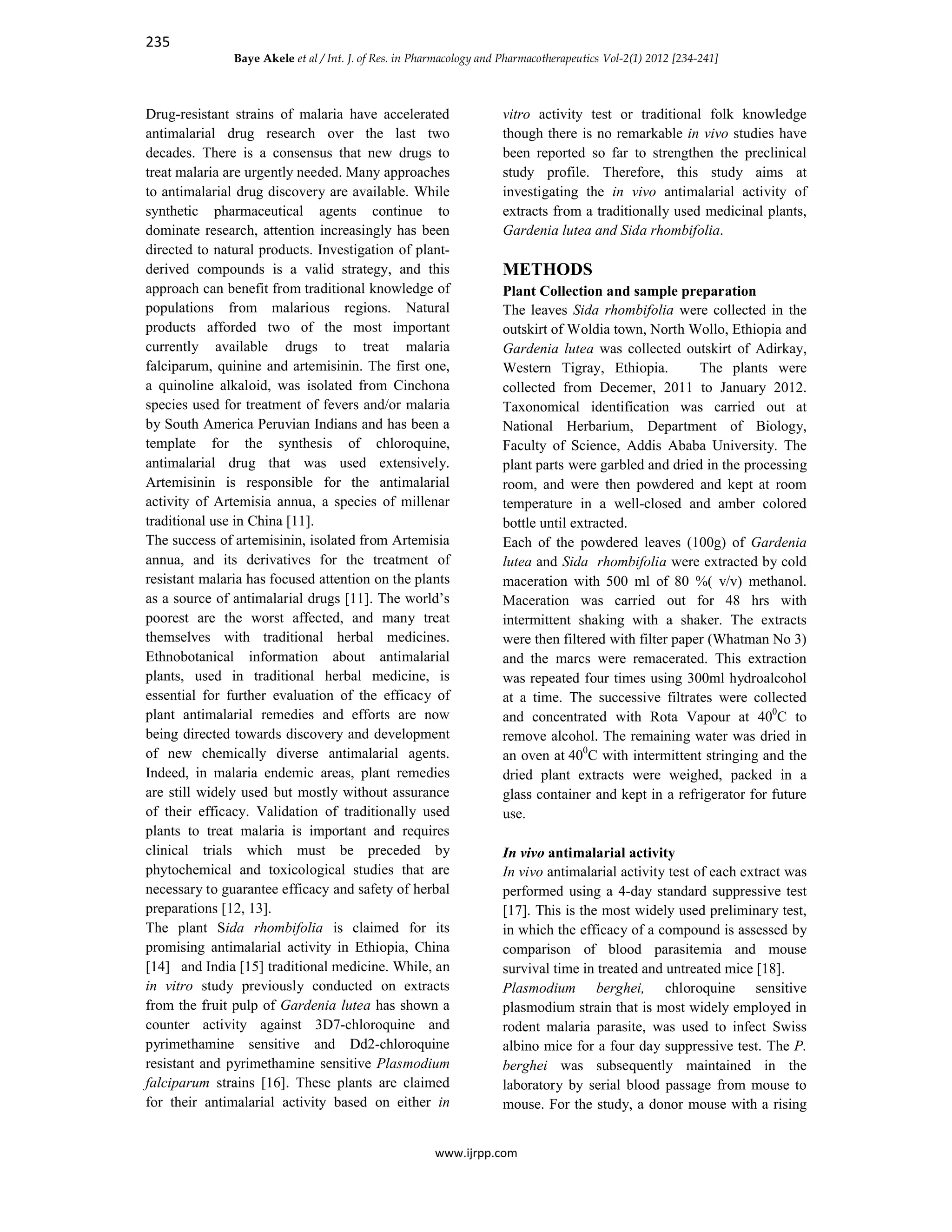 Antimalarial activity gardenia lutea and sida rhombifolia | PDF
