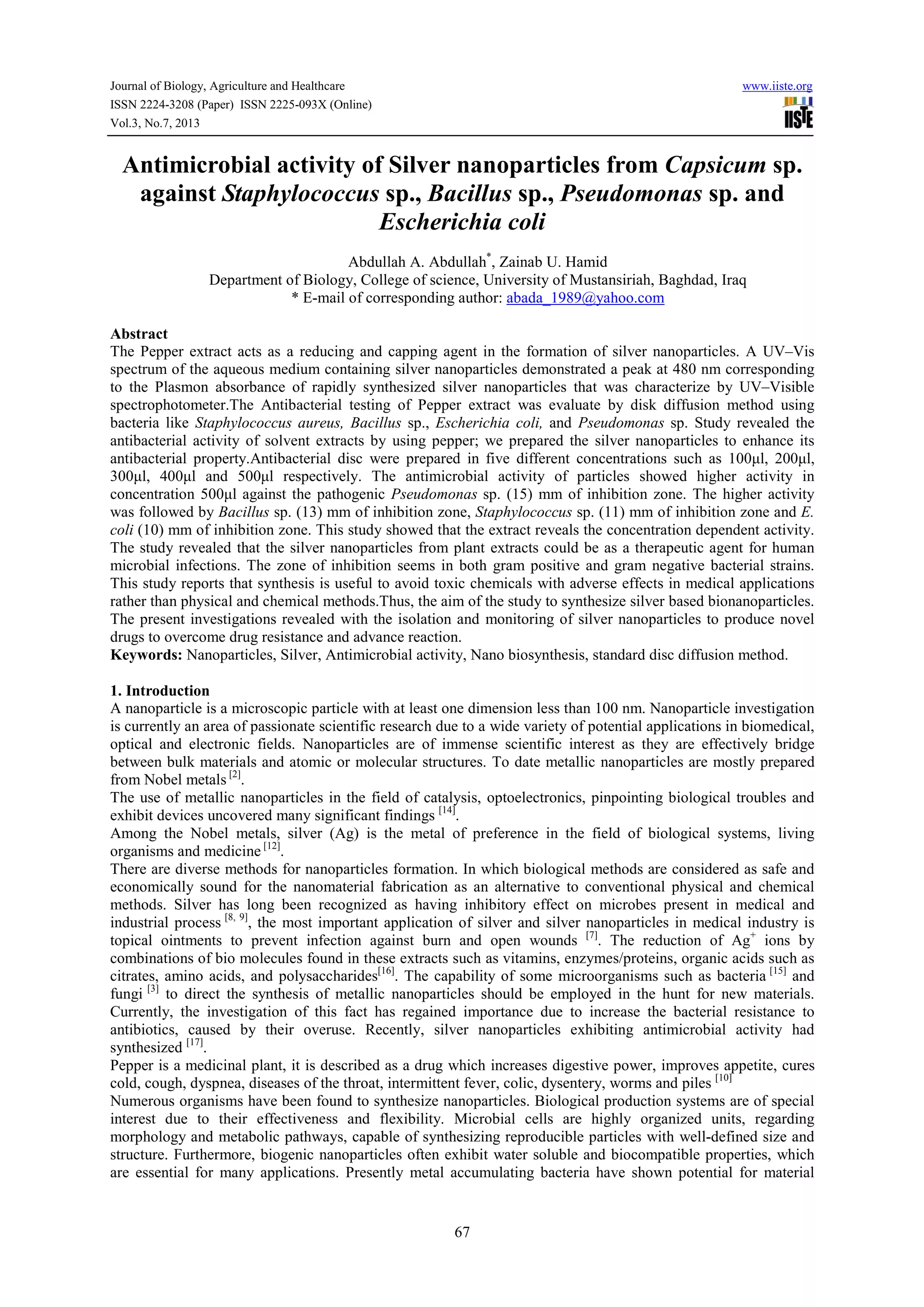 Antimicrobial activity of silver nanoparticles from capsicum sp. against staphylococcus sp ...