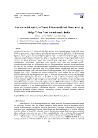 Antimicrobial activity of some ethno medicinal plants used by baiga tribes from amarkantak ...