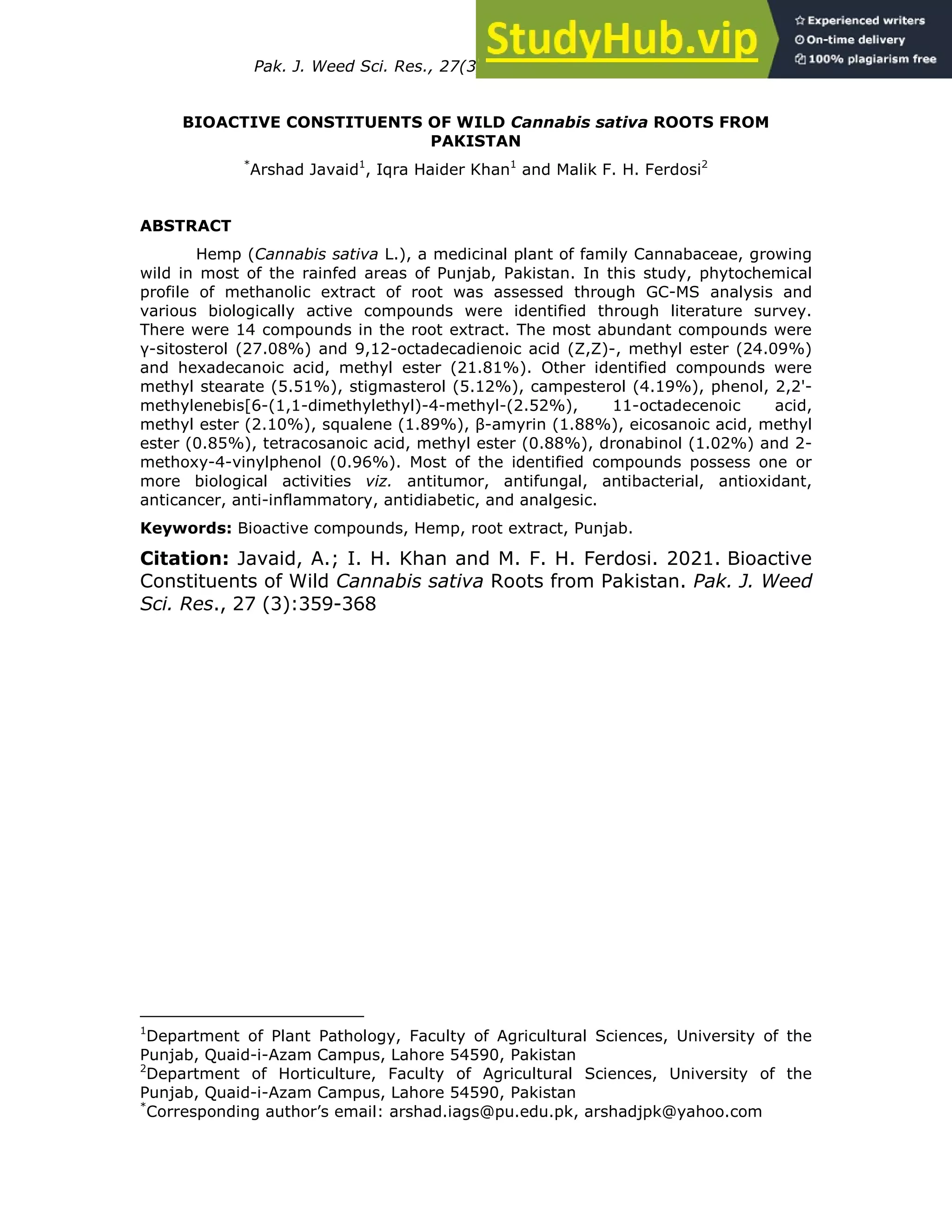 Antimicrobial And Other Bioactive Constituents Of Cannabis Sativus Roots From Pakistan Pdf