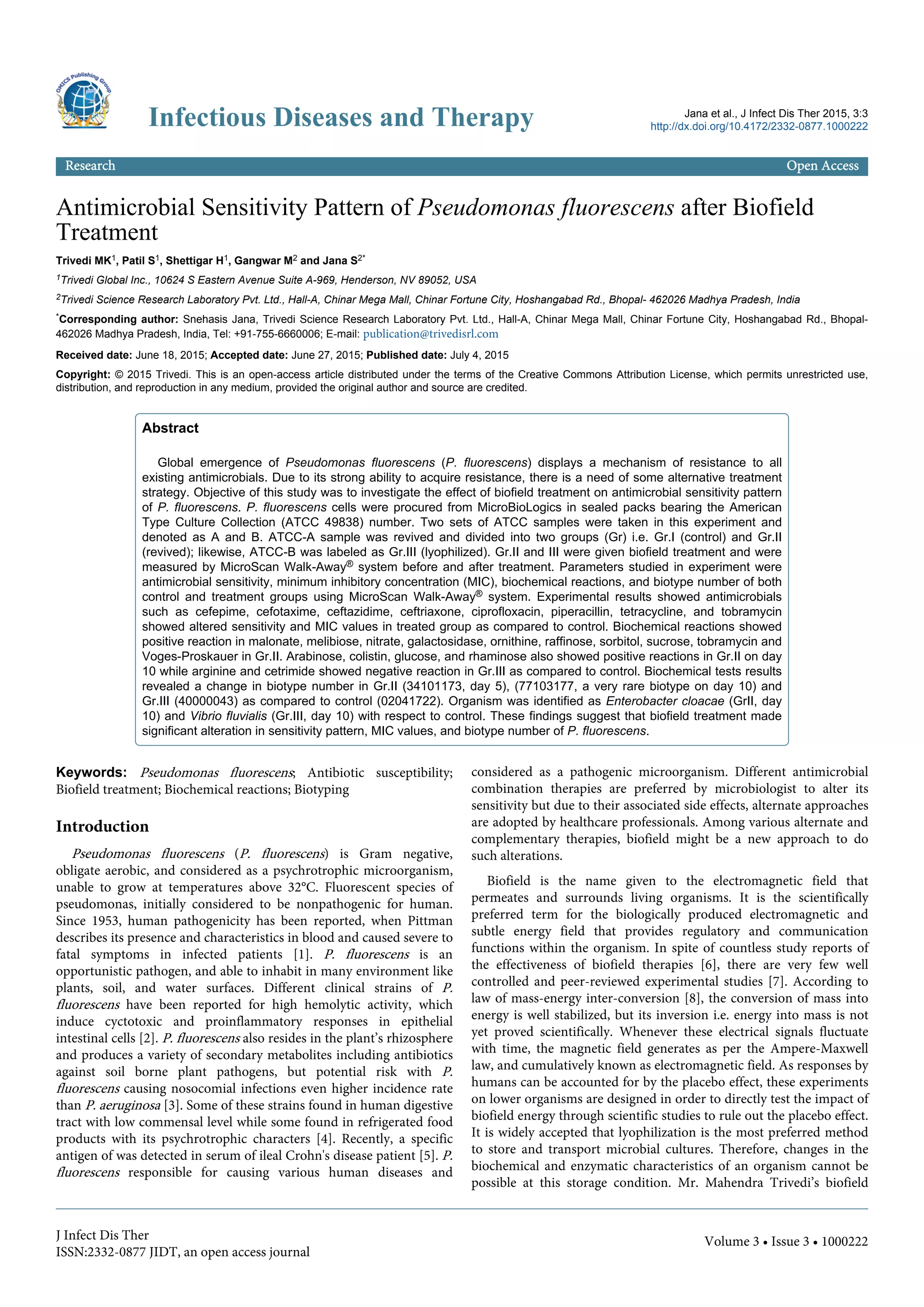 Antimicrobial Sensitivity Pattern of Pseudomonas fluorescens after ...