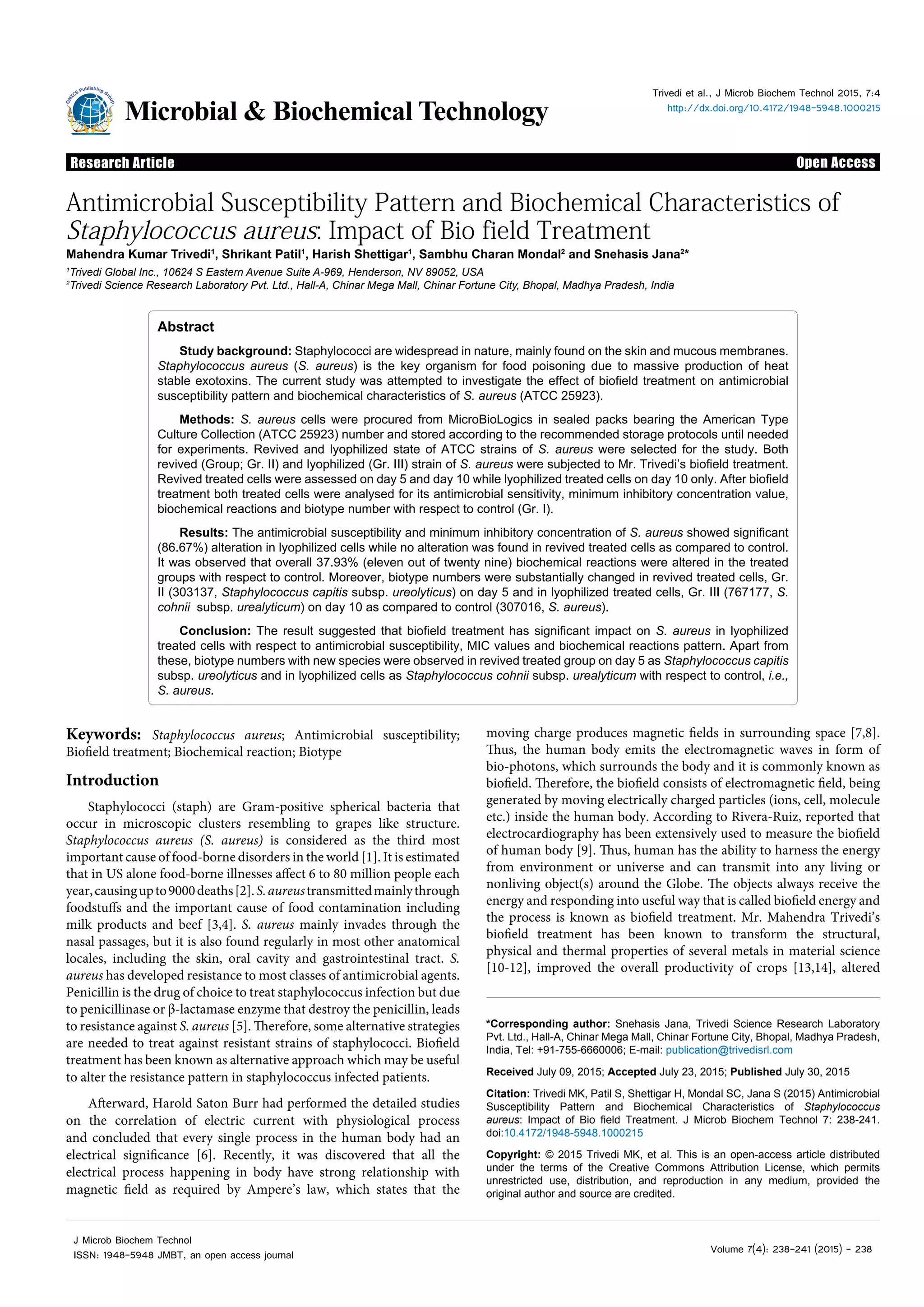 Biochemical Characteristics of Staphylococcus aureus | PDF