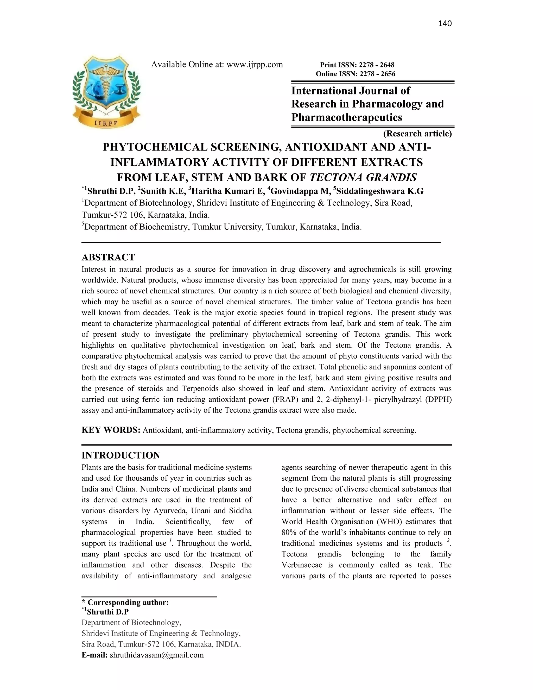 ANTIOXIDANT AND ANTI-INFLAMMATORY ACTIVITY TECTONA GRANDIS | PDF