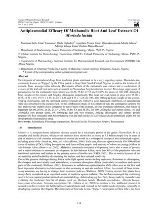 Antiplasmodial efficacy of methanolic root and leaf extracts of | PDF