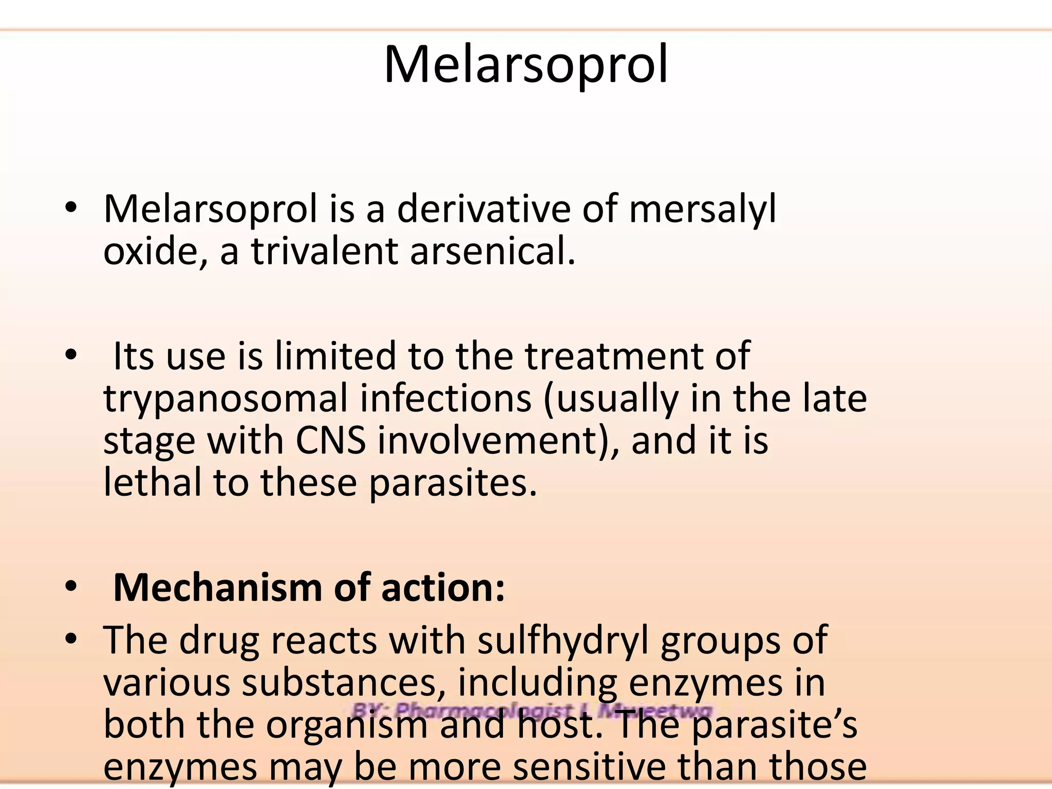 Antiprotozoal protozoa nematodes cestodes trematodes • Malaria ...