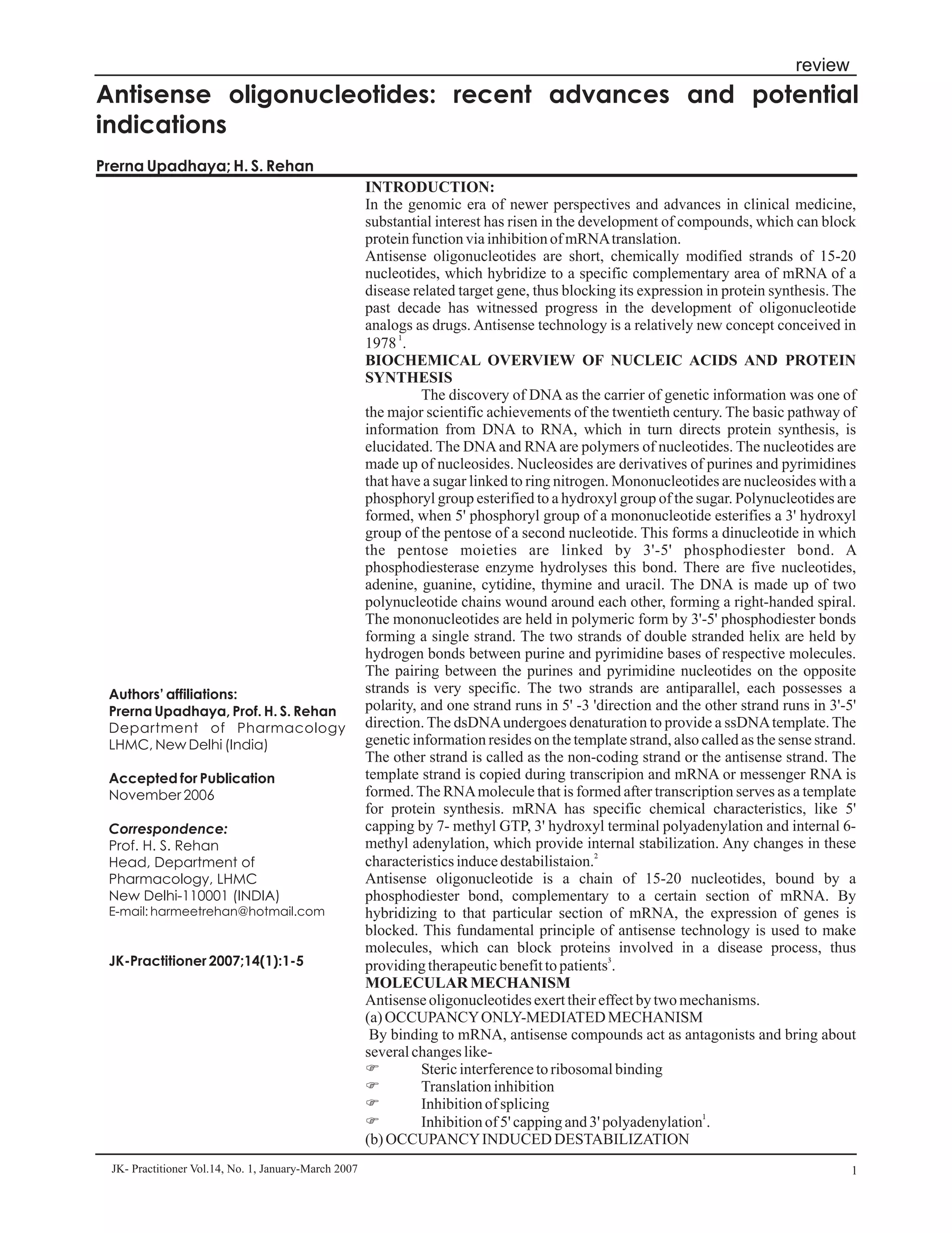Antisense oligonucleotides recent advances and potential | PDF