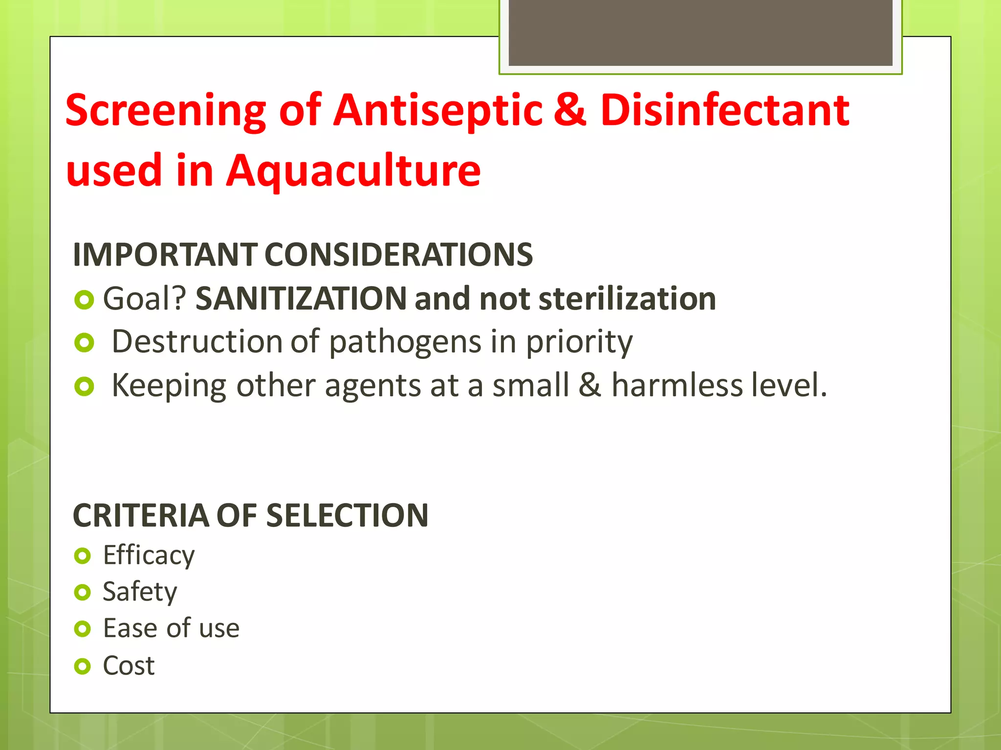 Antiseptics and disinfectants in aquaculture | PDF