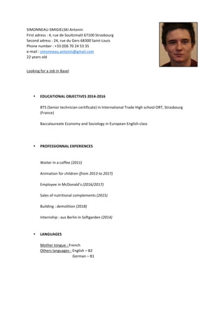 Recherche d'emploi SIMONNEAU -SMIGIELSKI Antonin.cv anglais.2018 1 | PDF
