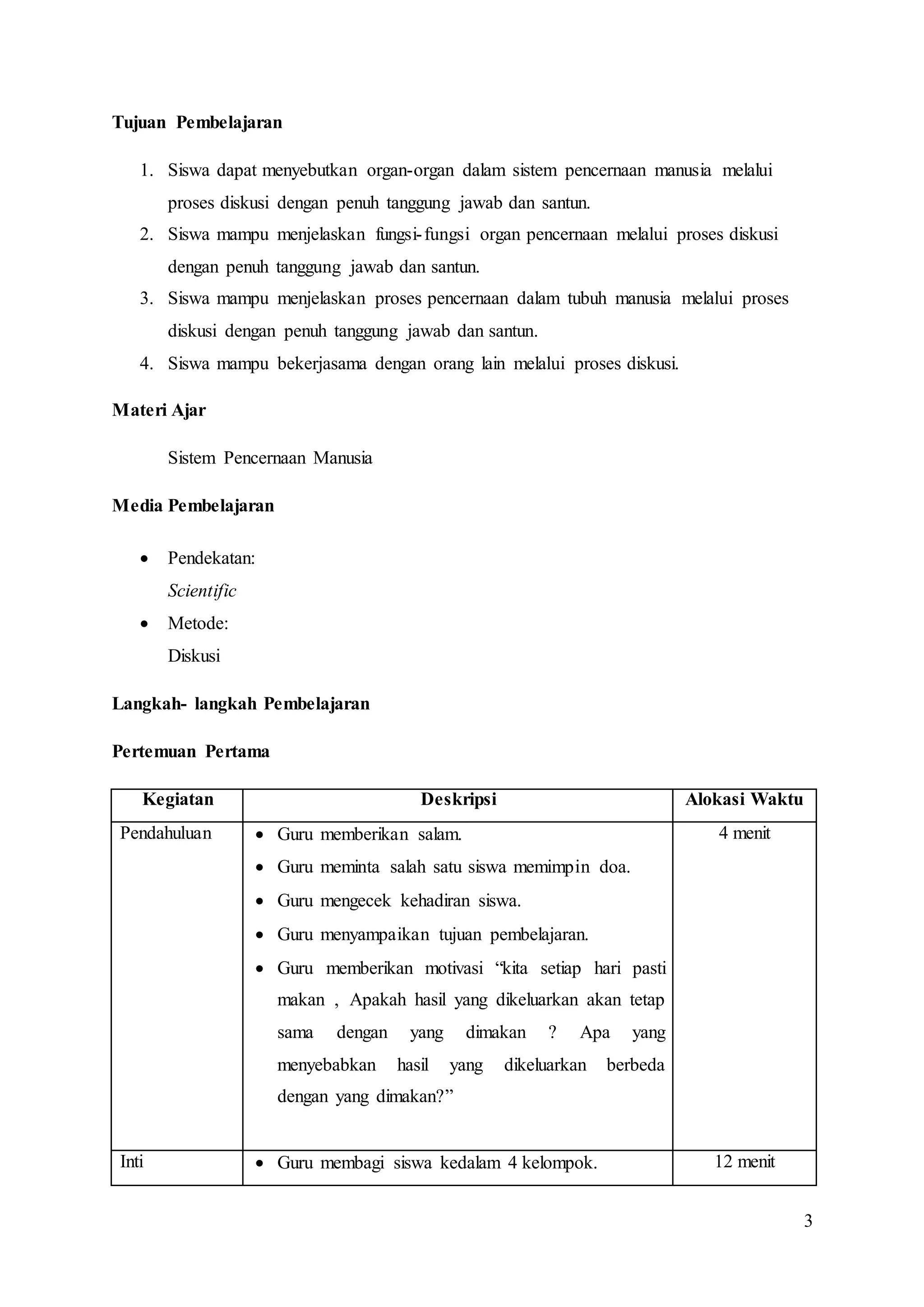 RPP Sistem Pencernaan Manusia Kelas 8 VIII SMP | DOCX