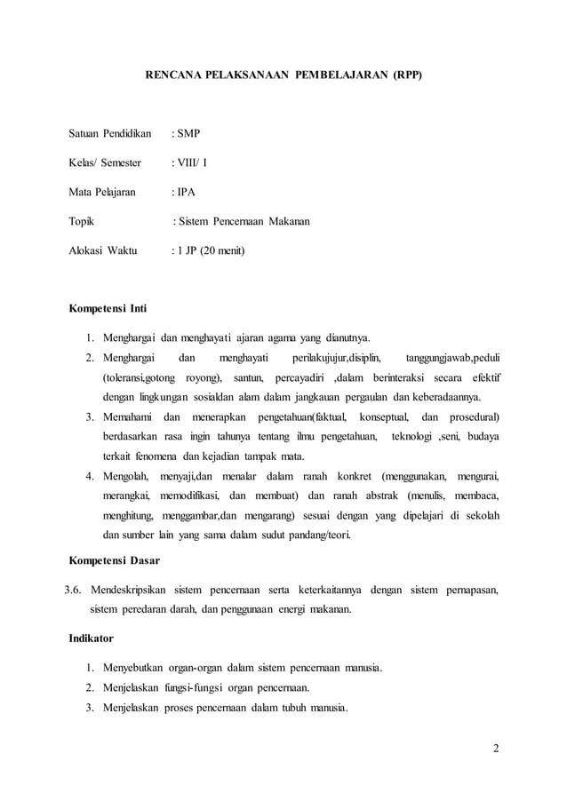 RPP Sistem Pencernaan Manusia Kelas 8 VIII SMP | DOCX