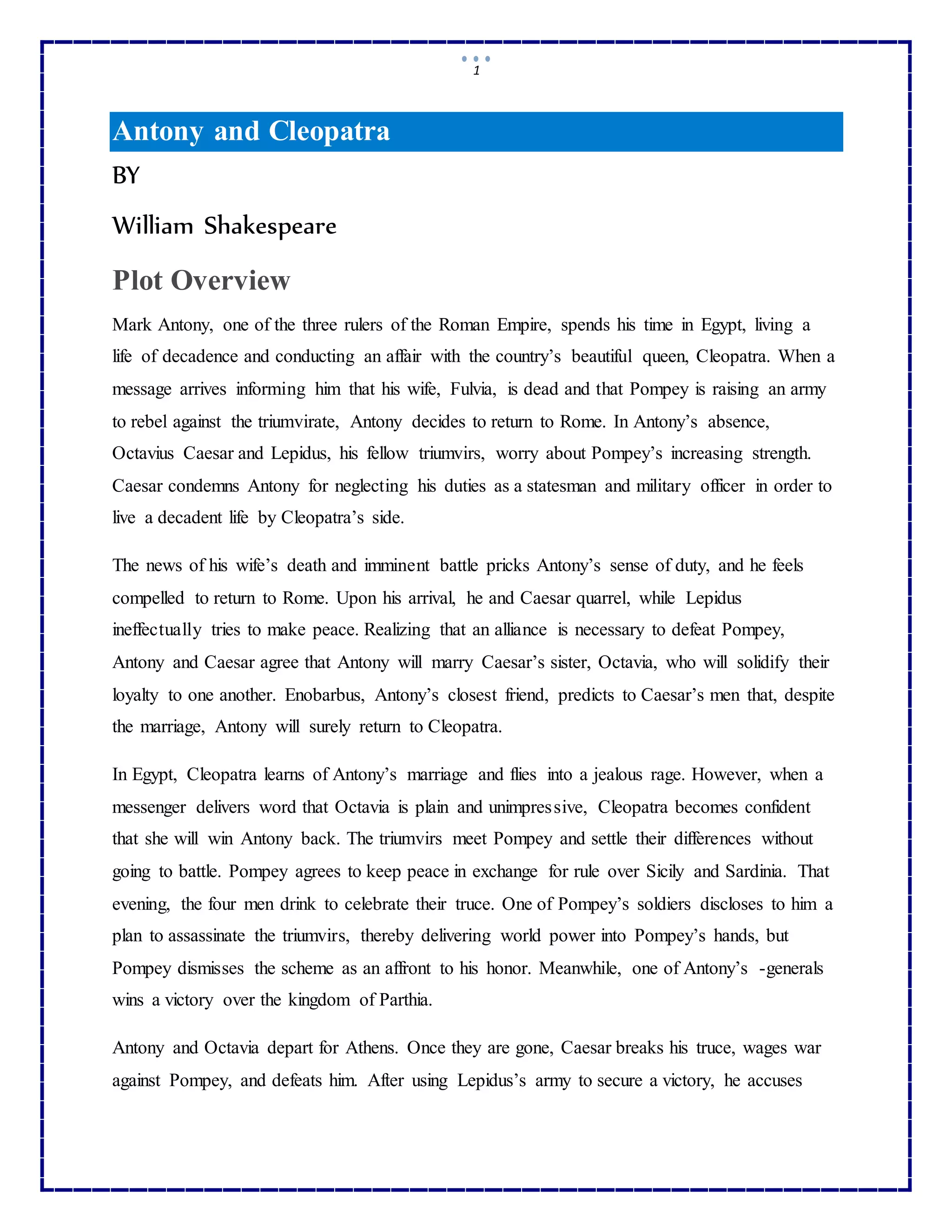 Antony and cleopatra (Critical Study & Analysis) | DOCX