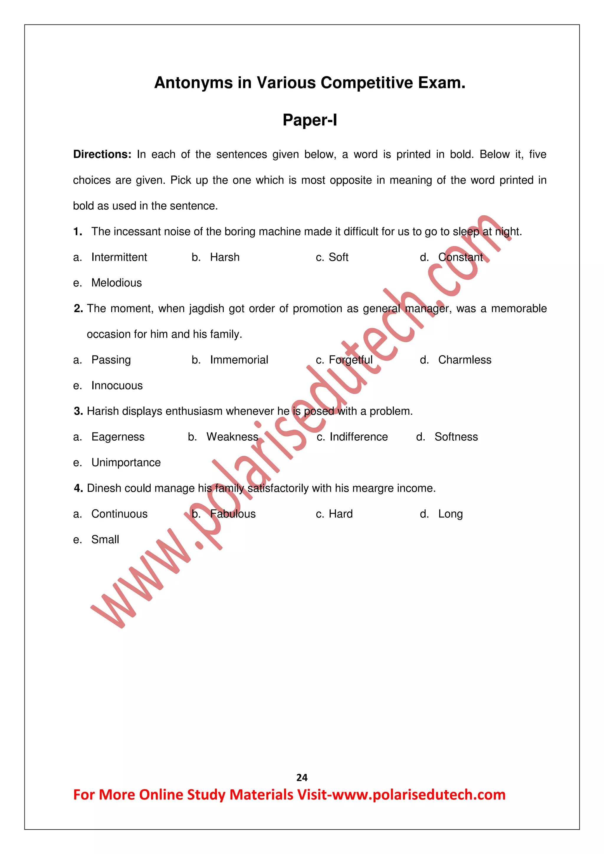 Antonyms-Study Materials for Bank,SSC exam | PDF