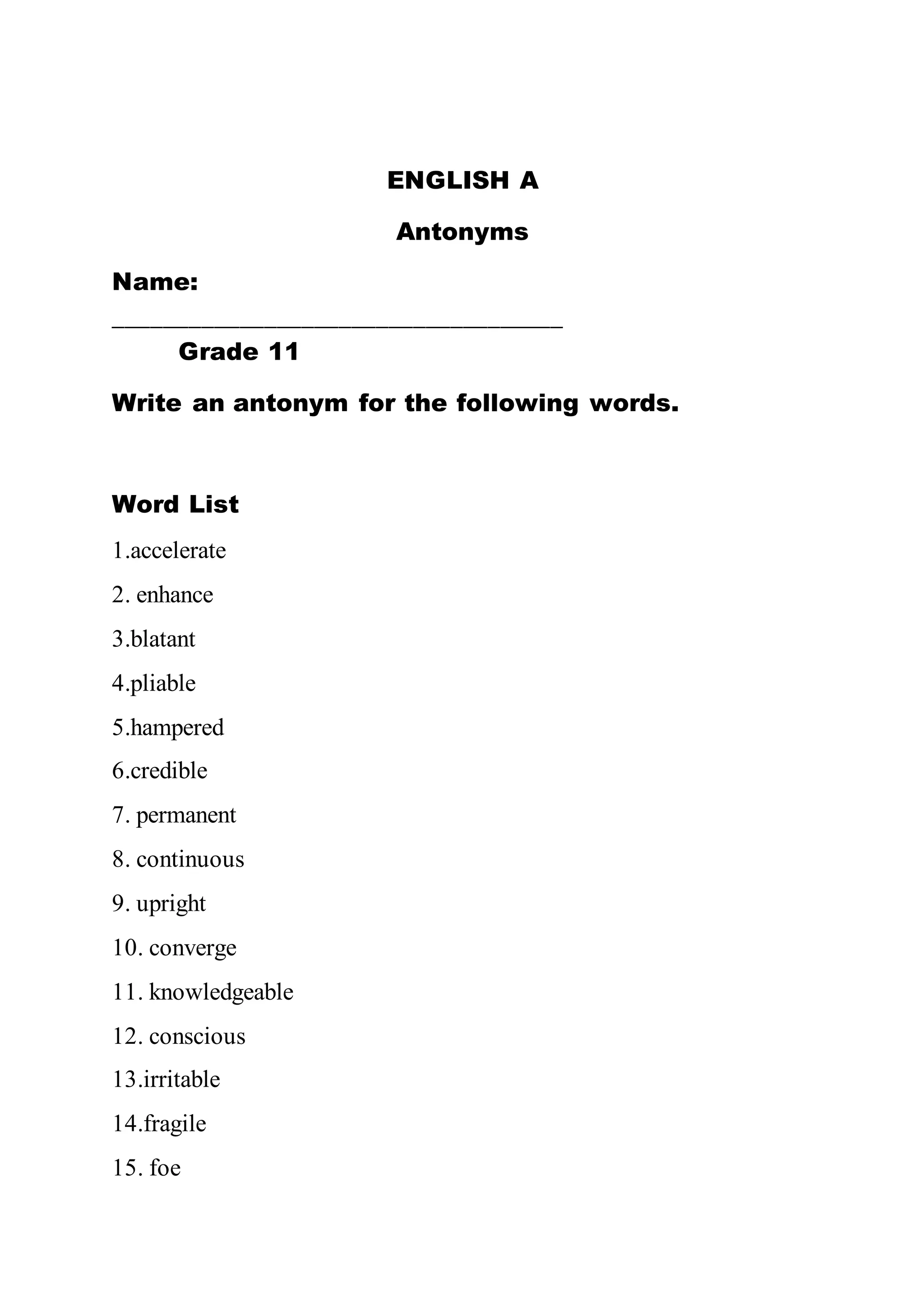 Antonyms word list | DOCX