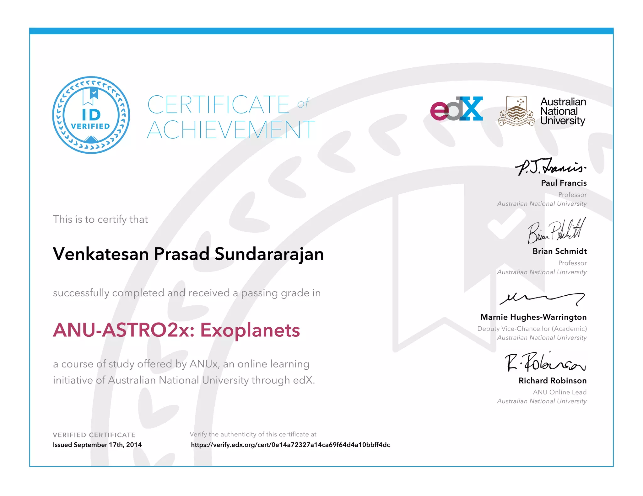 Australian National University - Exoplanets VPS 2014 Certificate | PPT