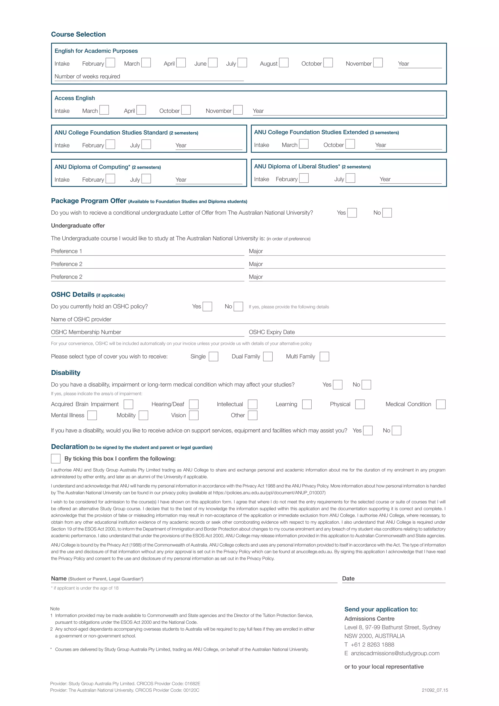 Australian National University Anu college application form 0715 | PDF