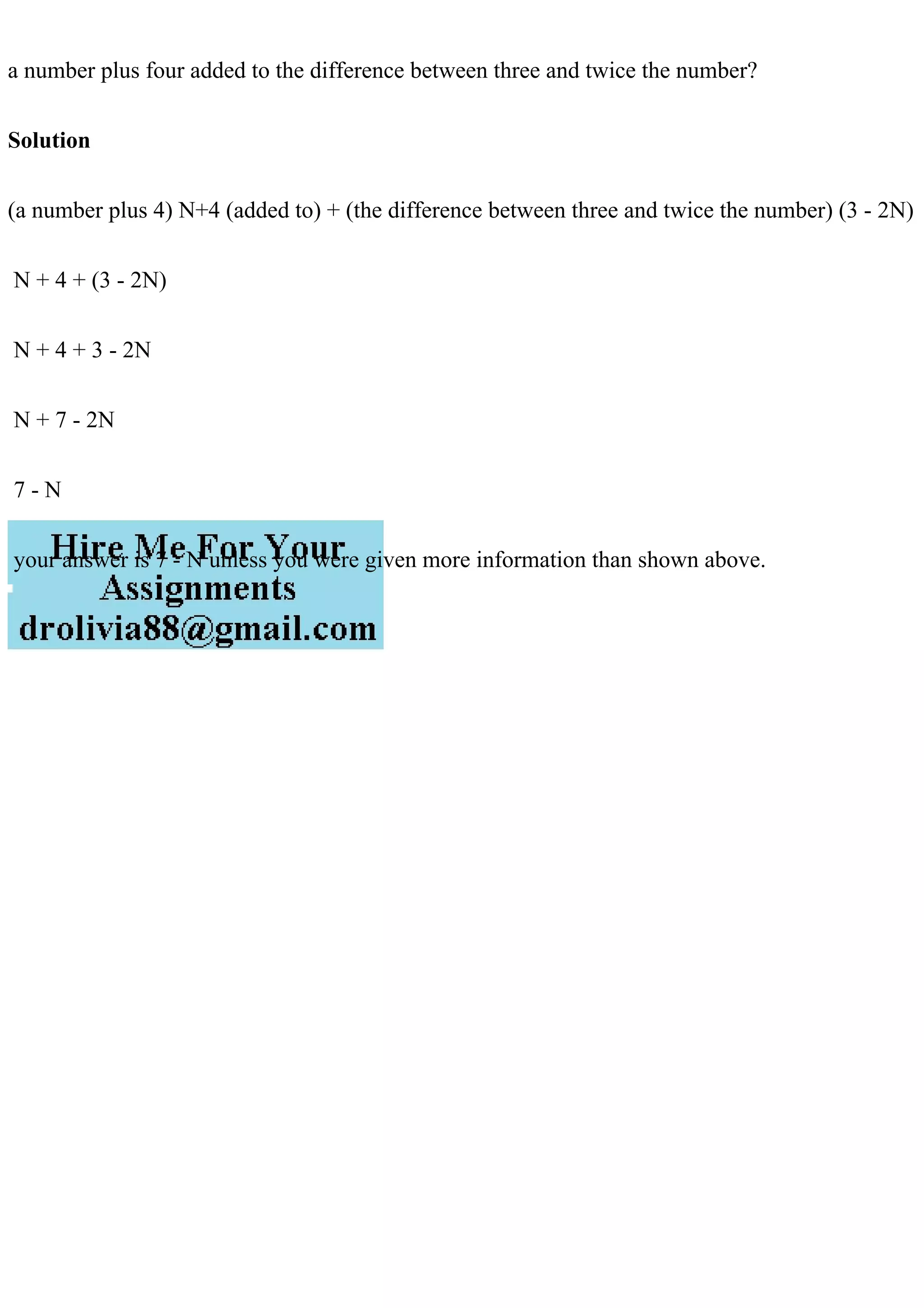 a number plus four added to the difference between three and twice t.pdf