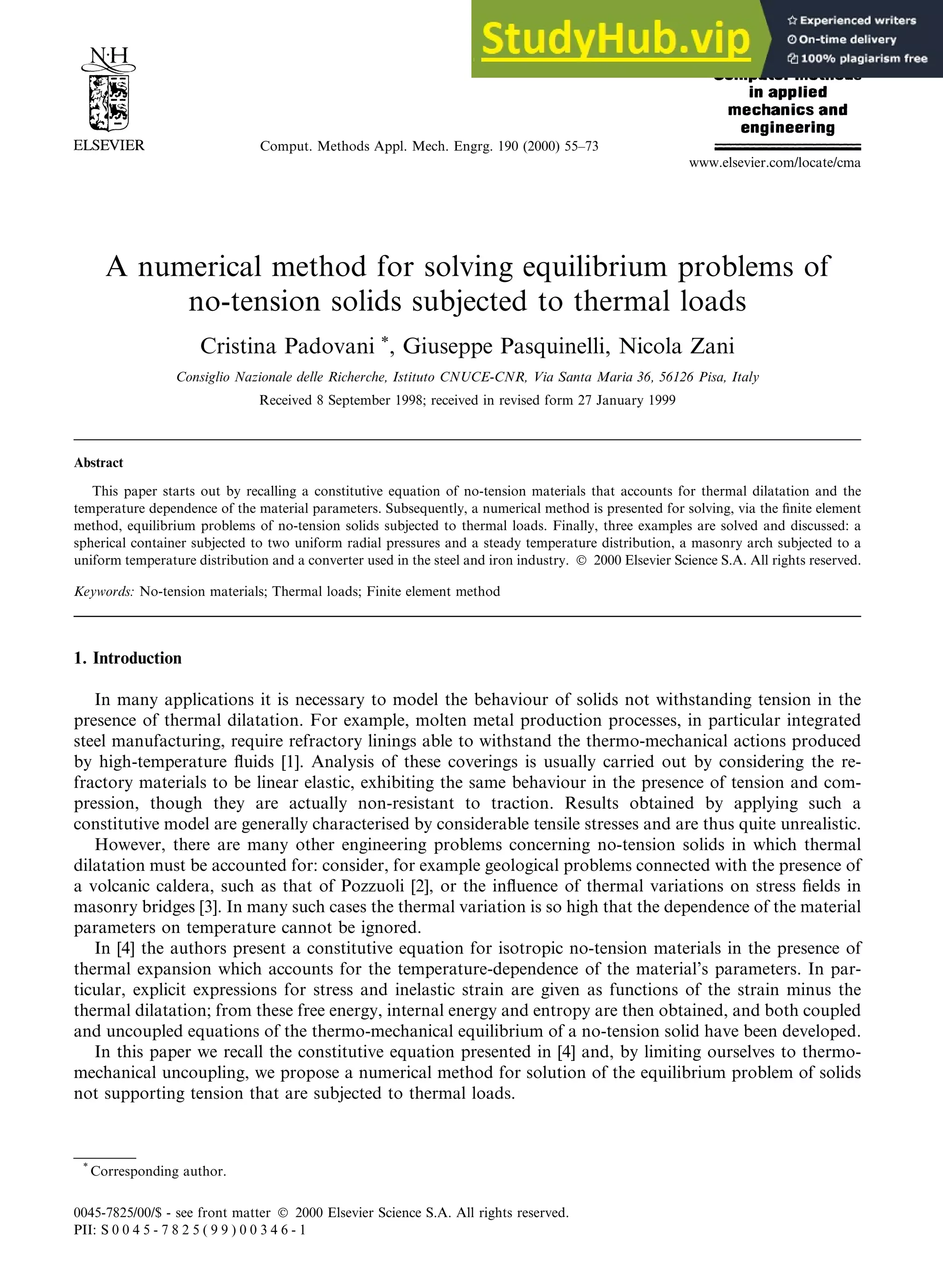 A Numerical Method For Solving Equilibrium Problems Of No-Tension Solids Subjected To Thermal ...