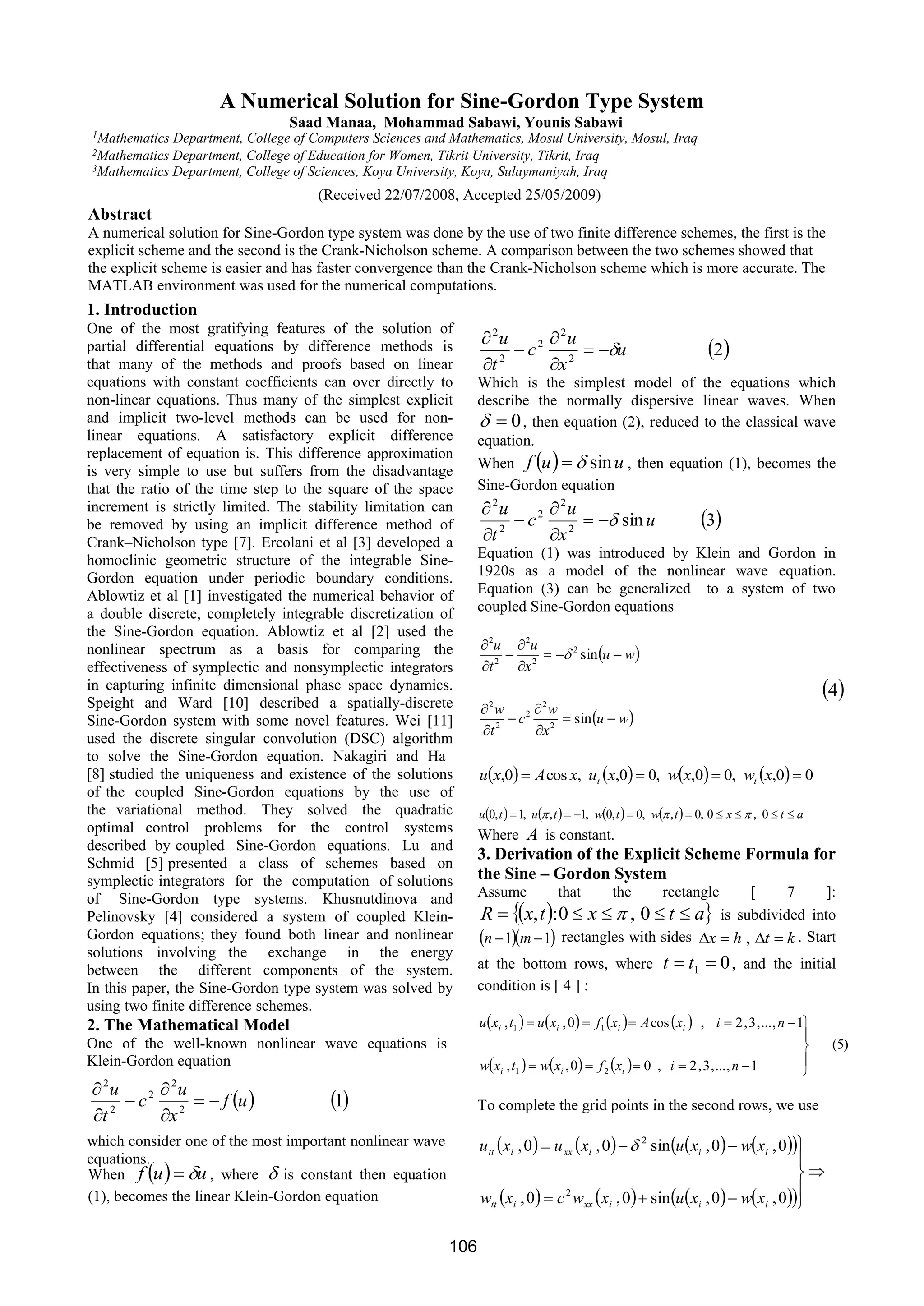 A Numerical Solution for Sine Gordon Type System | PDF