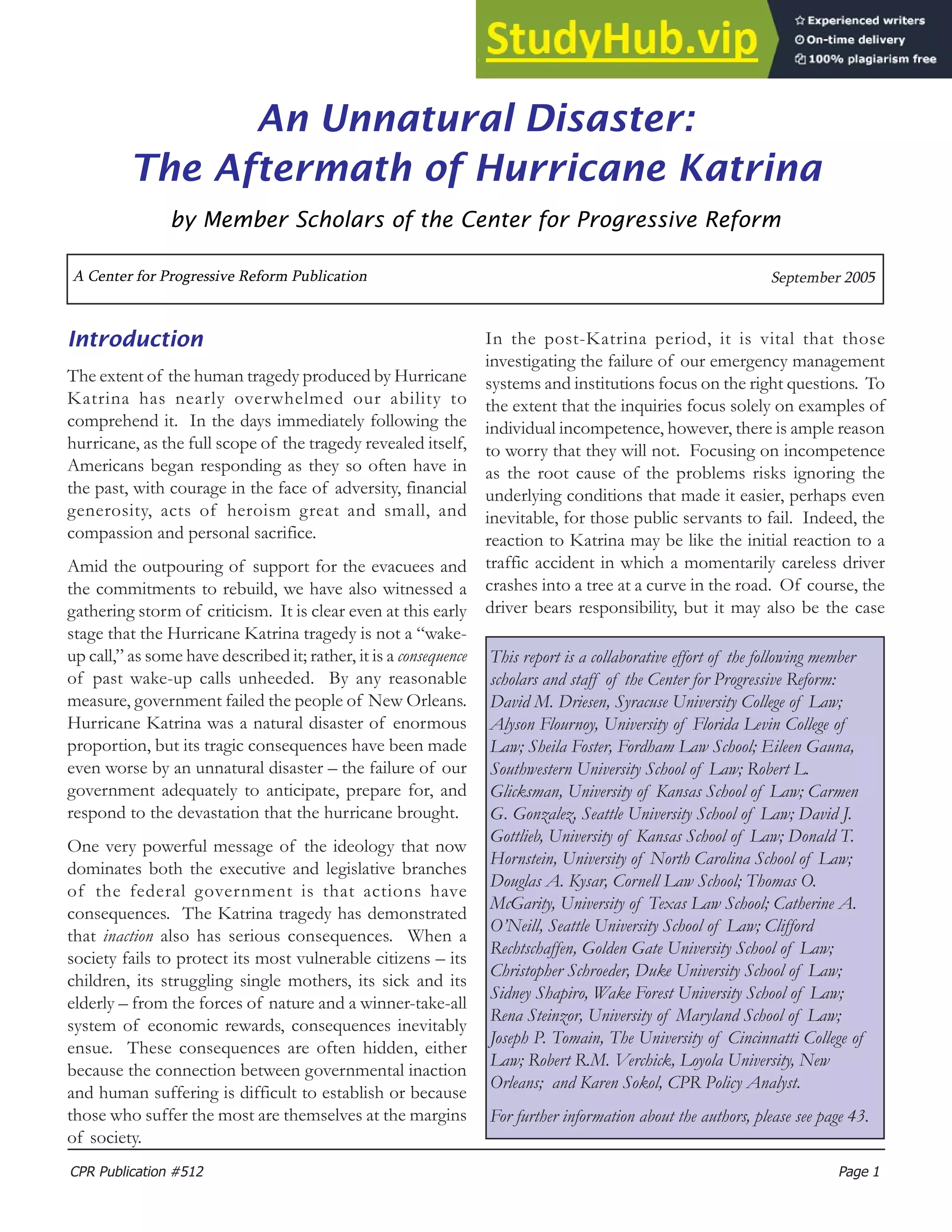 An Unnatural Disaster The Aftermath Of Hurricane Katrina | PDF