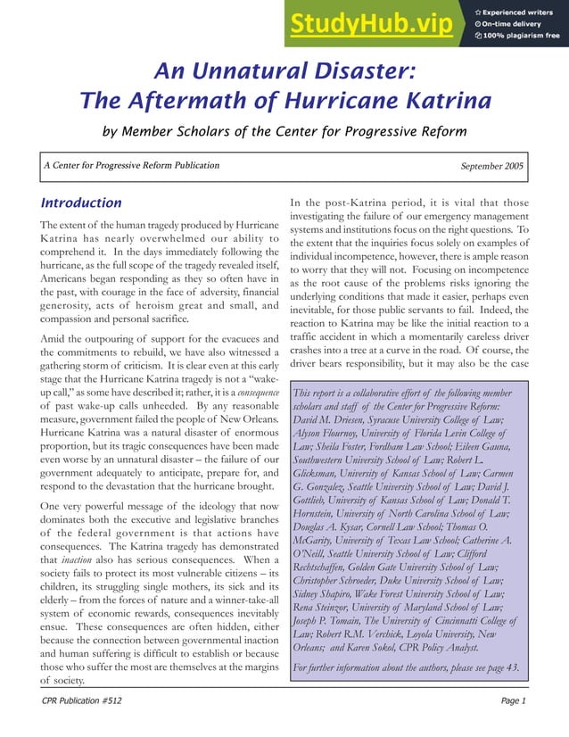 An Unnatural Disaster The Aftermath Of Hurricane Katrina | PDF