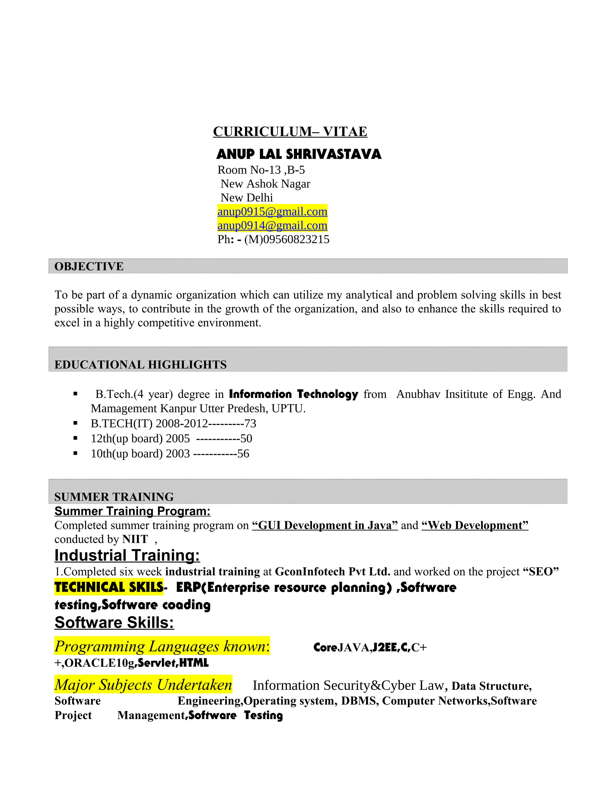 Anup11 cv | DOC | Programming Languages | Computing