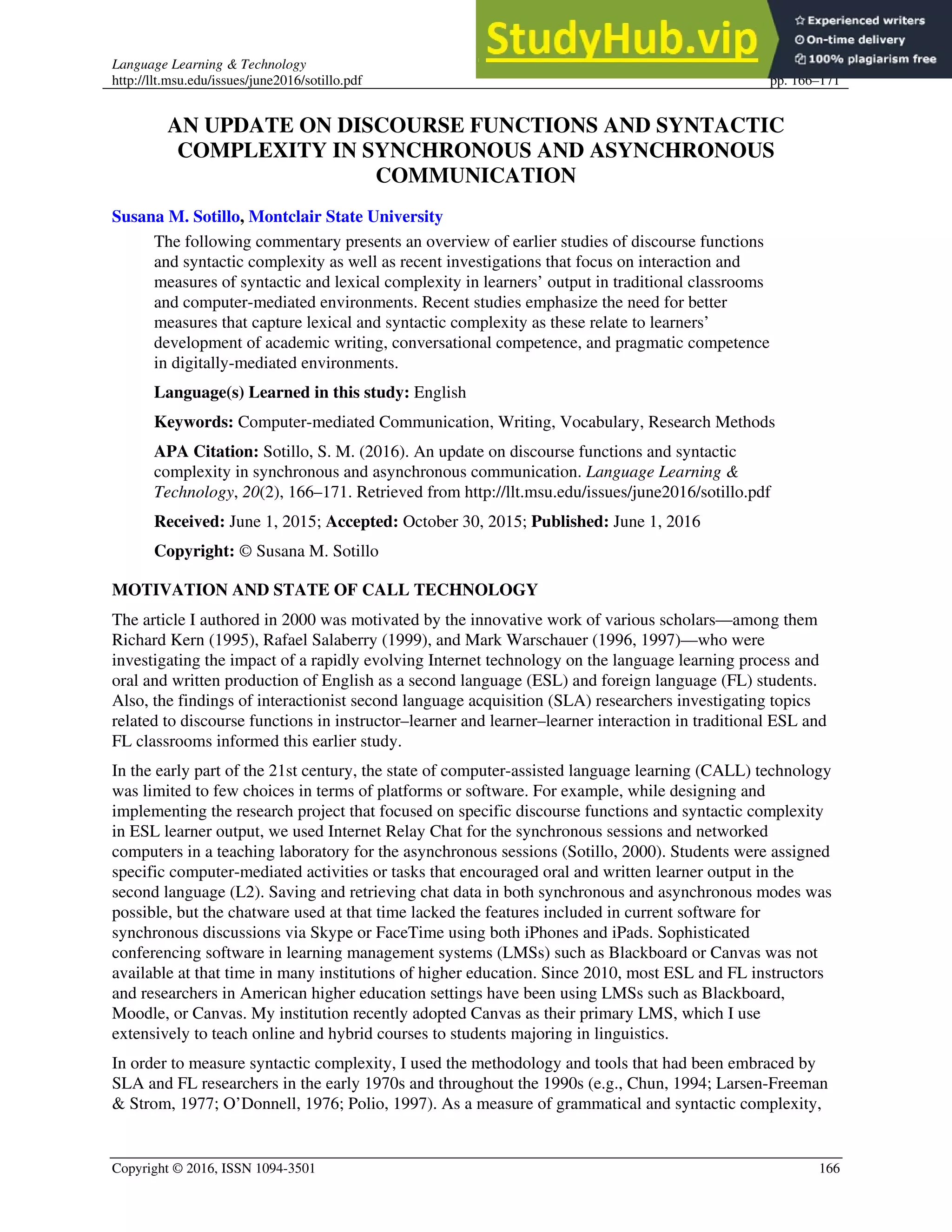 An Update On Discourse Functions And Syntactic Complexity In Synchronous And Asynchronous
