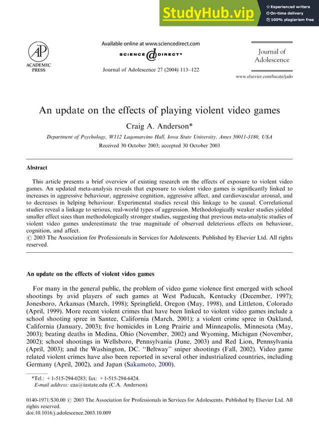 An Update On The Effects Of Playing Violent Video Games | PDF