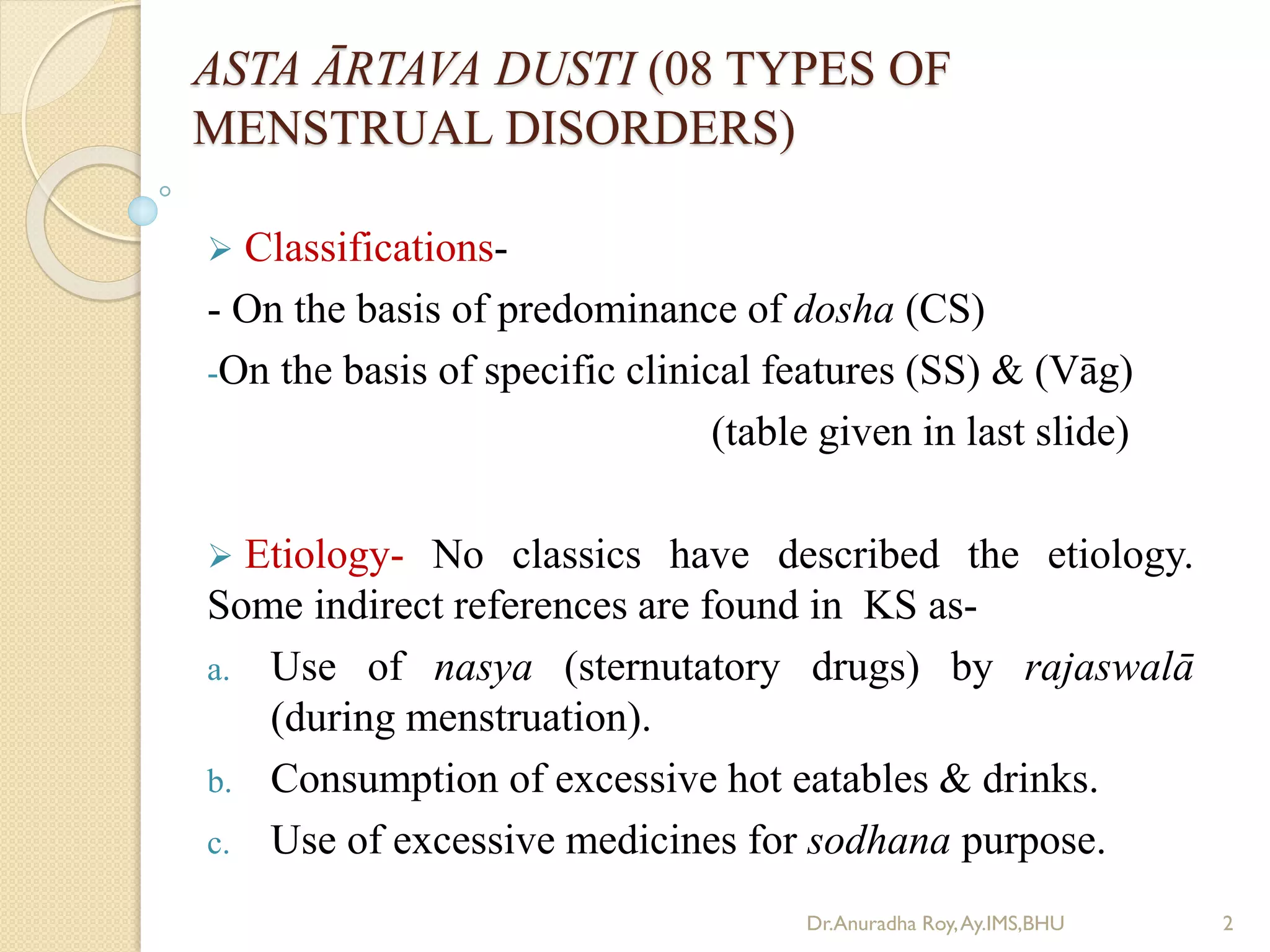 ASTA ĀRTAVA DUSTI (08 TYPES OF MENSTRUAL DISORDERS) | PDF ...