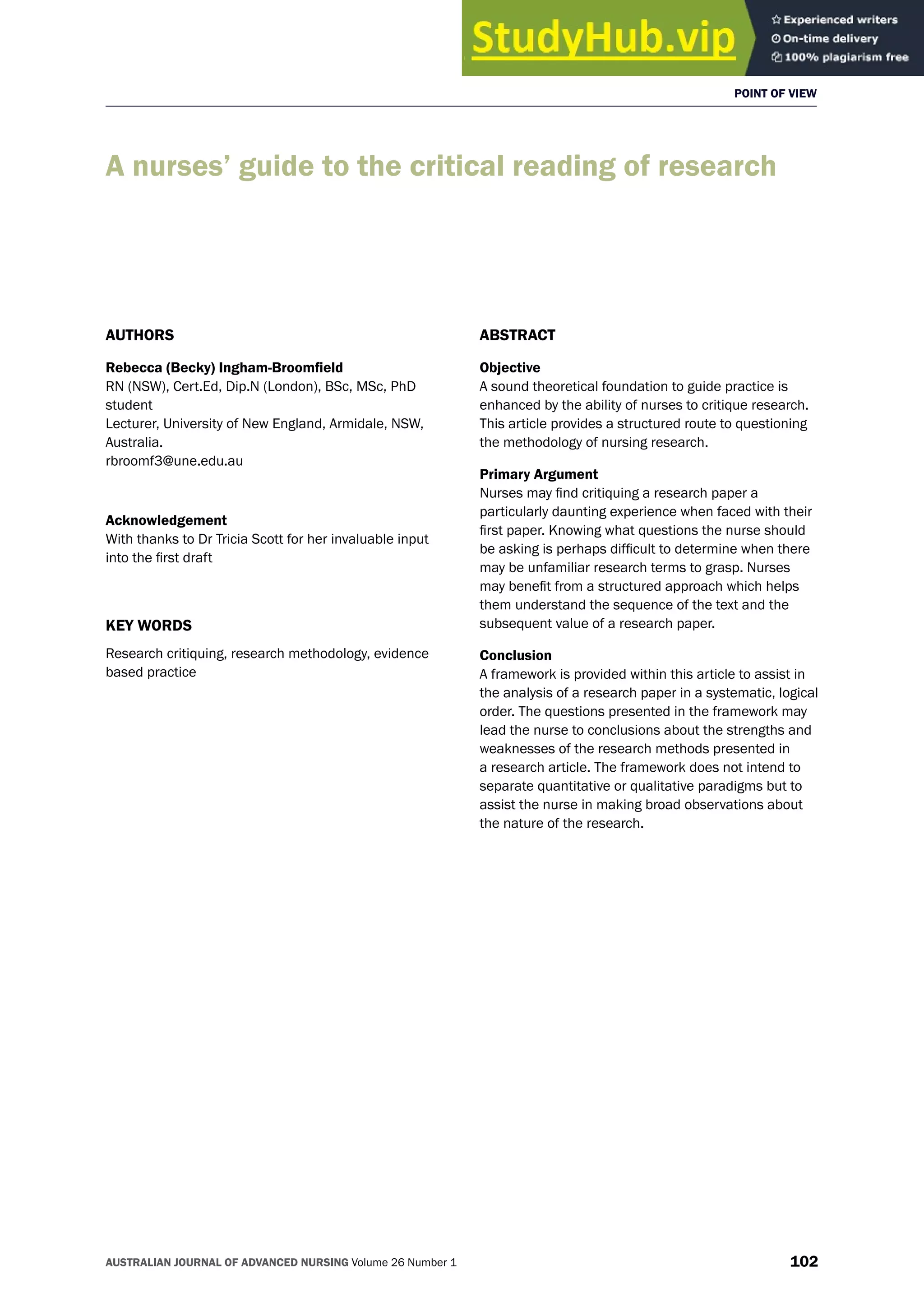 A Nurses Guide To The Critical Reading Of Research | PDF