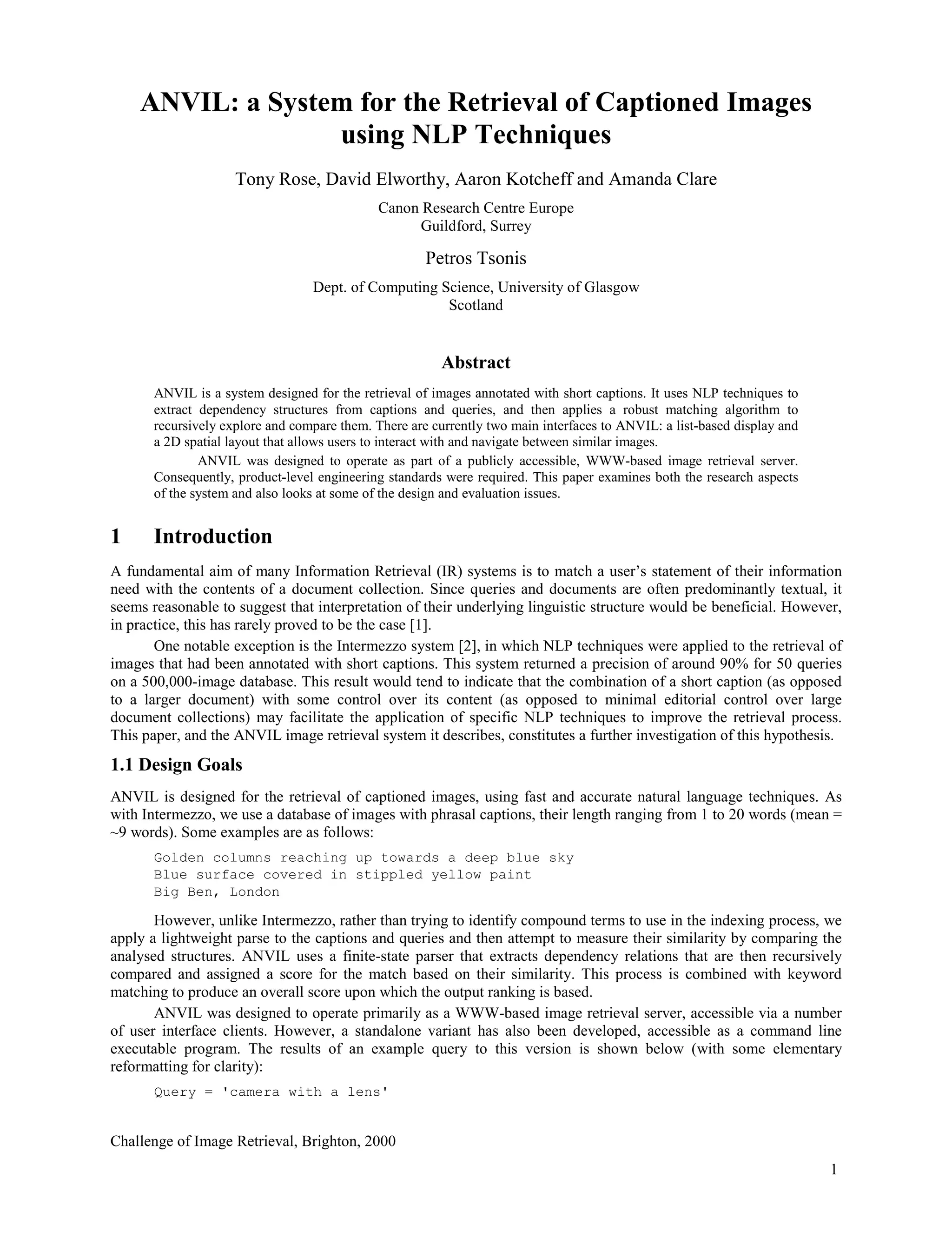 Challenge of Image Retrieval, Brighton, 2000 1 ANVIL: a System for the Retrieval of Captioned ...