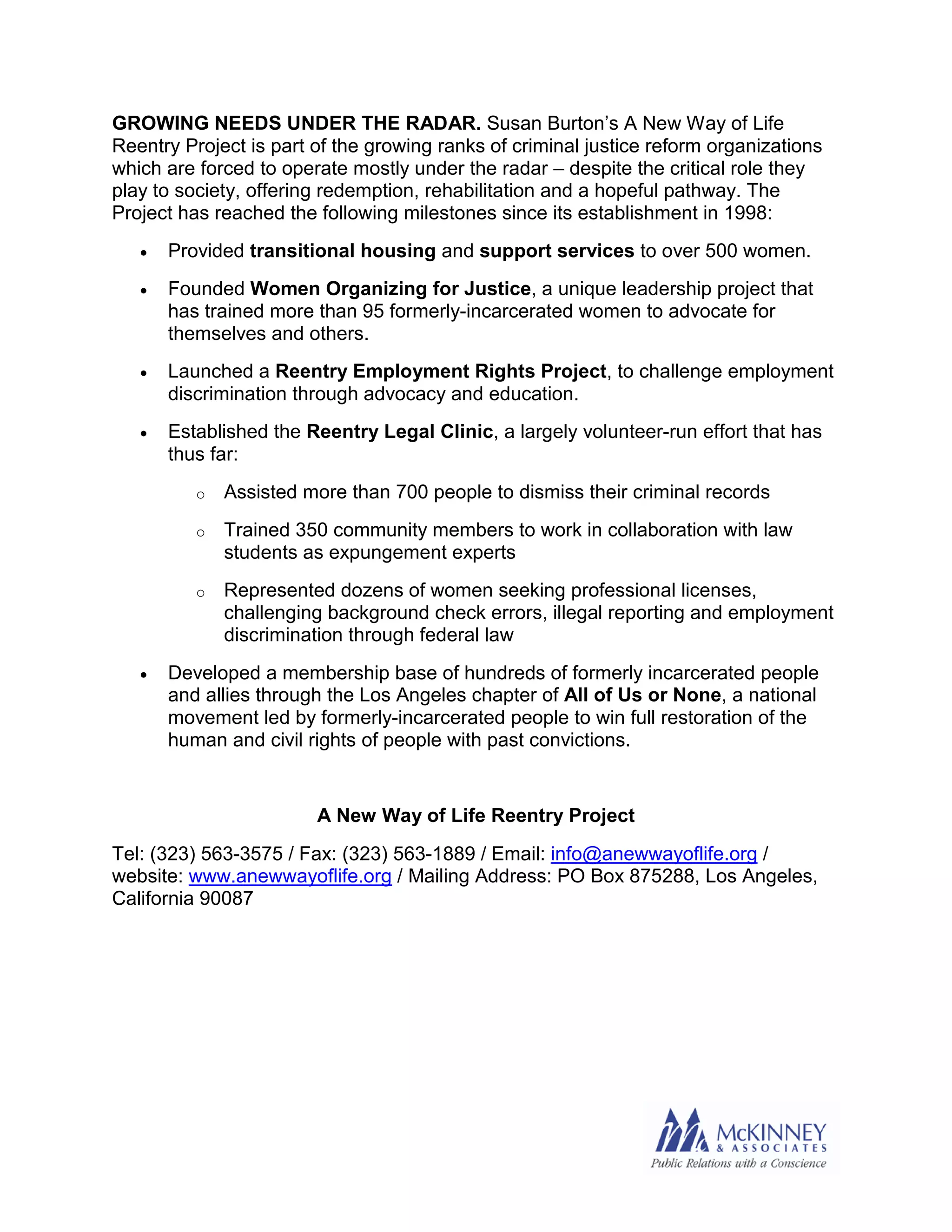 A New Way of Life Reenty Project Fact Sheet | PDF