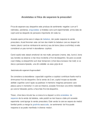 Anxietatea si frica de separare la prescolari | DOCX