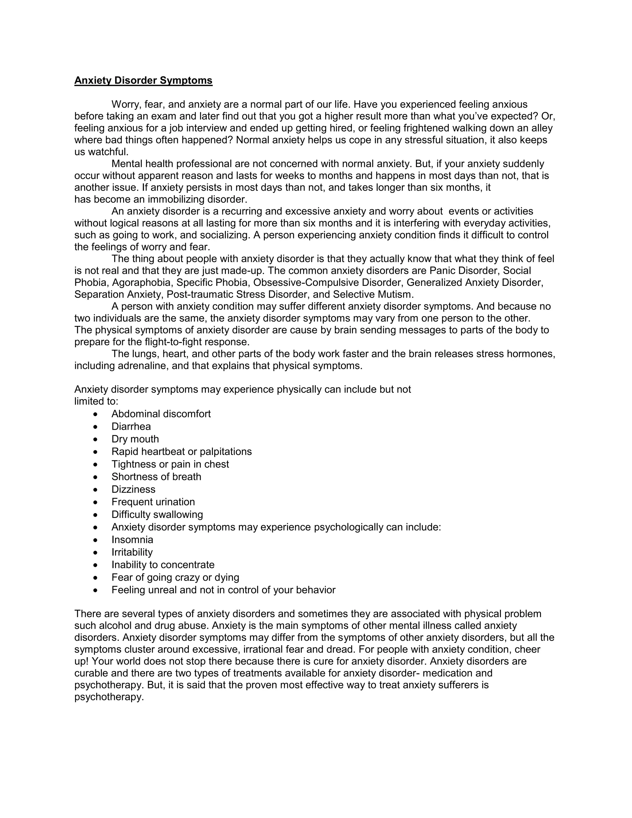 Anxiety Disorder | DOCX