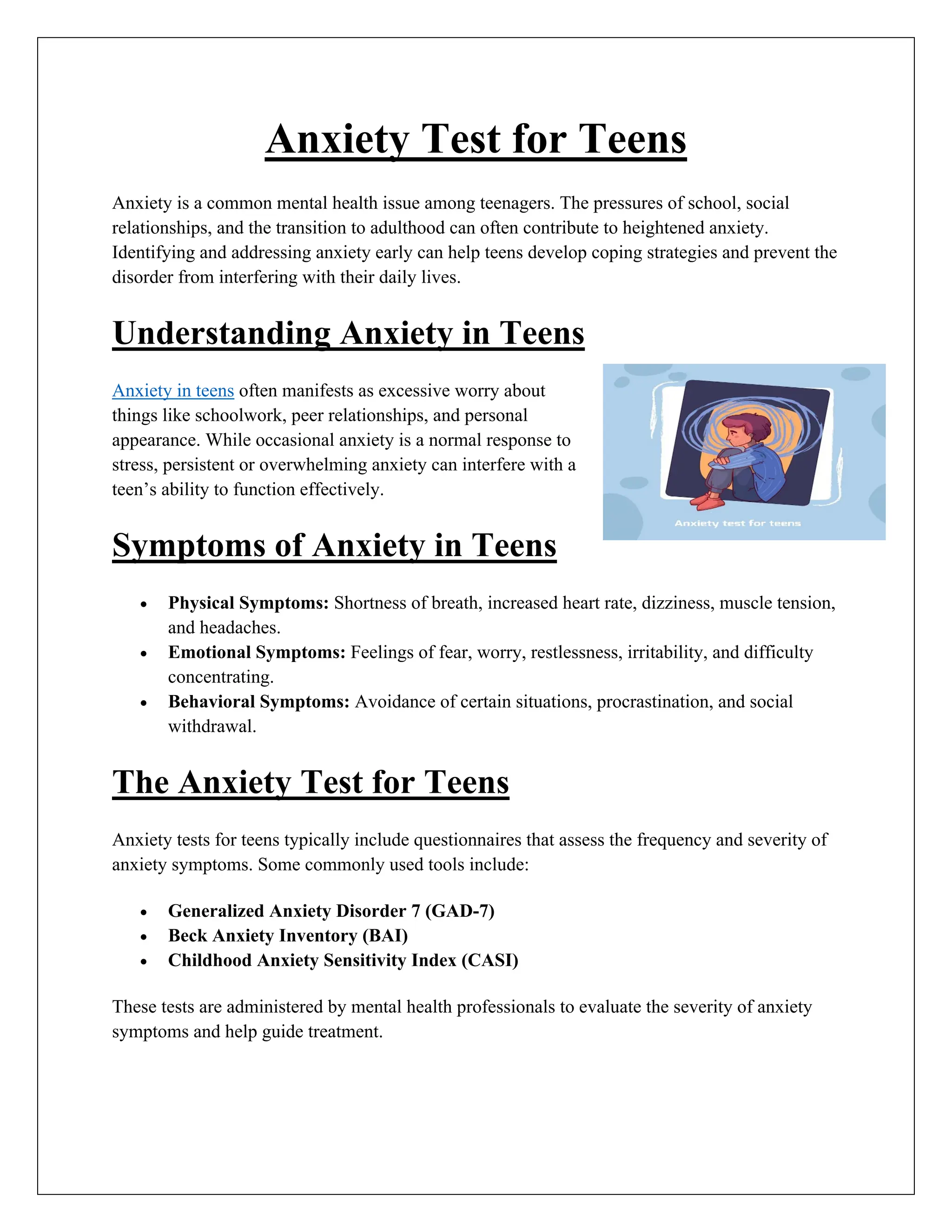 Anxiety Test for Teens :understanding anxiety in teens | PDF