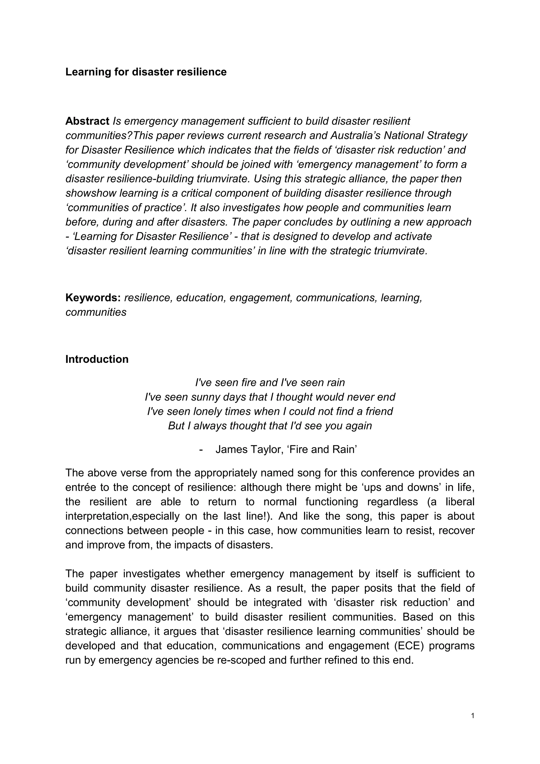 Learning for disaster resilience paper | DOCX