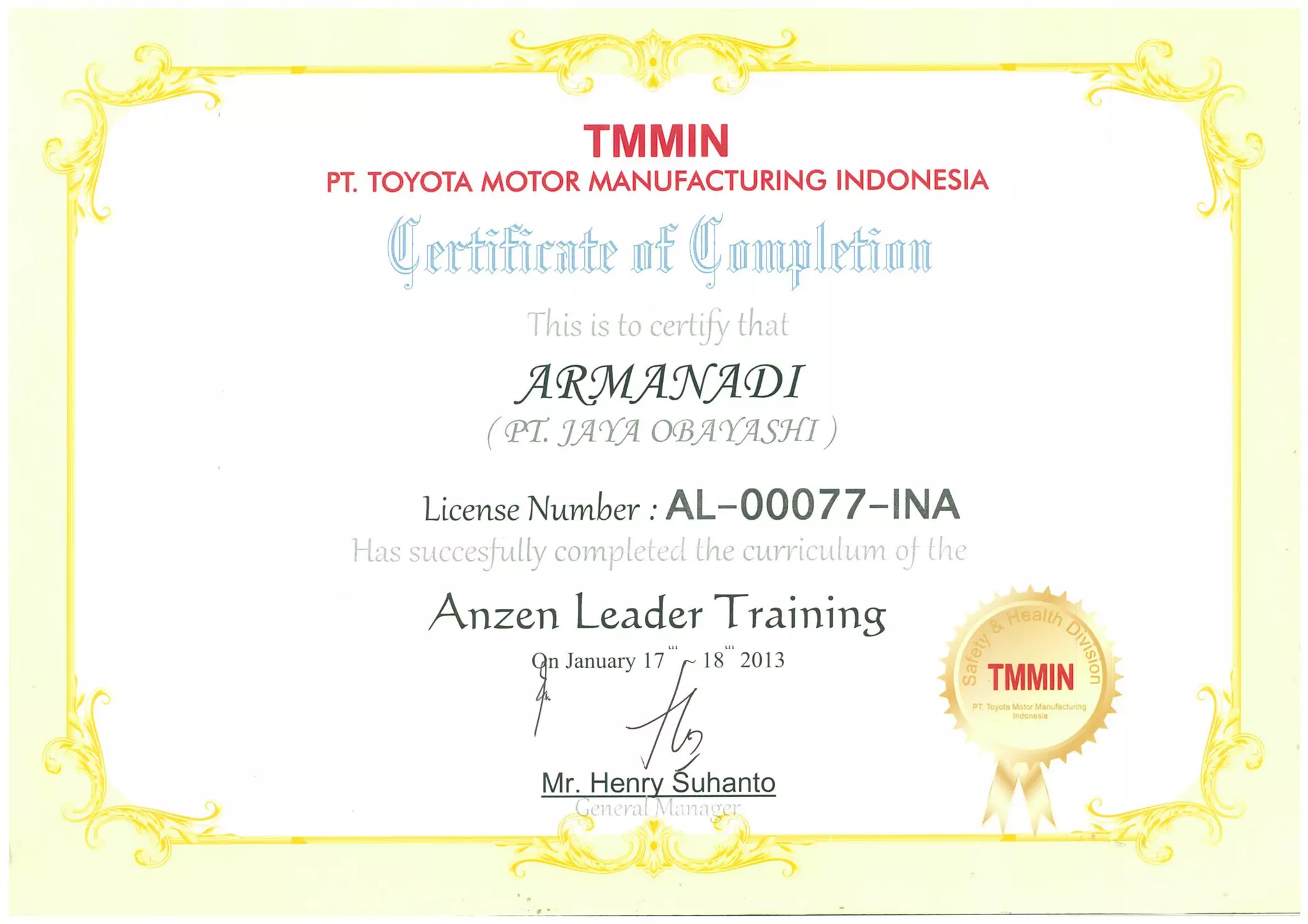 Anzen Leader Safety Training Certificate | PDF