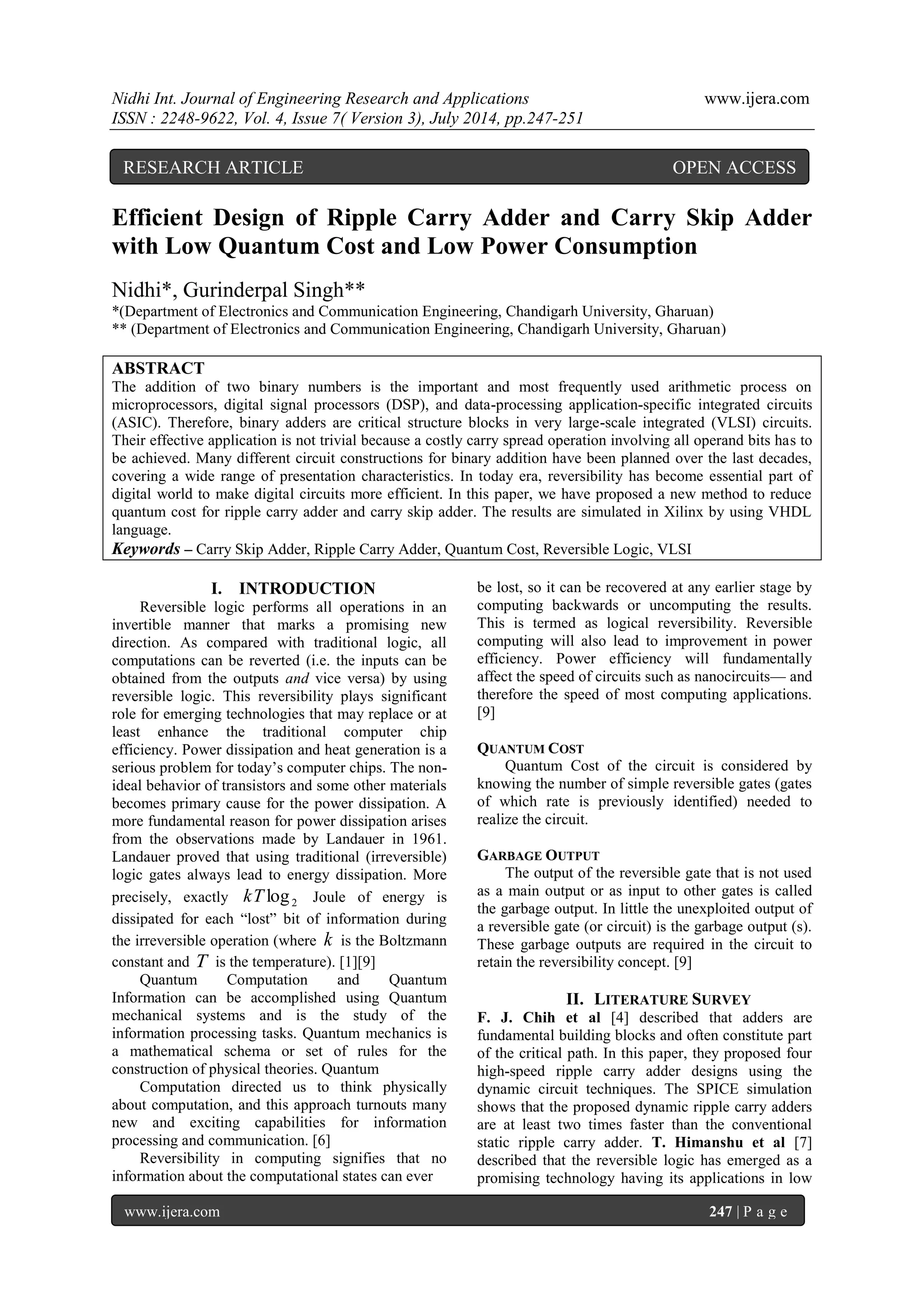 Efficient Design Of Ripple Carry Adder And Carry Skip Adder With Low Quantum Cost And Low Power