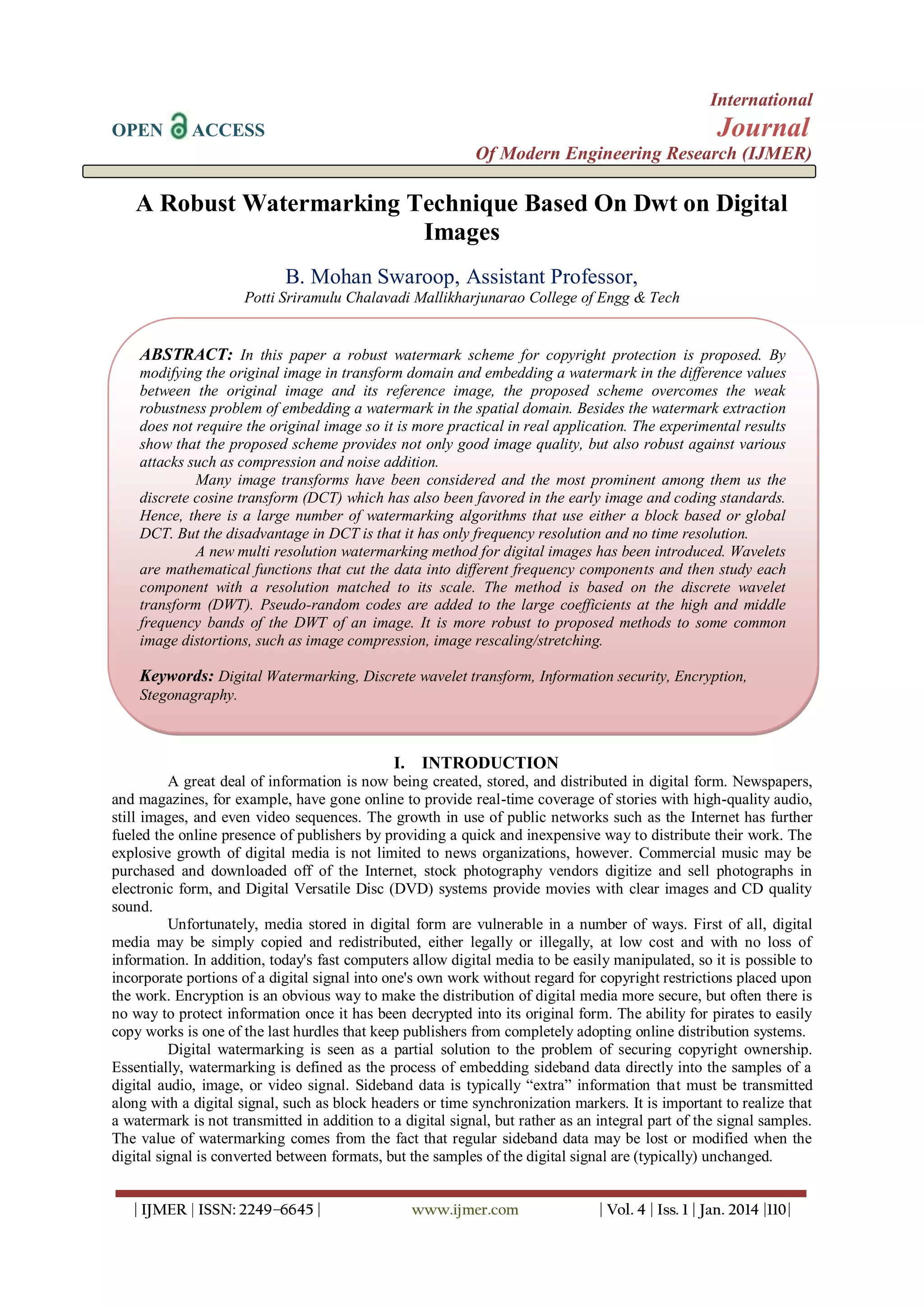 A Robust Watermarking Technique Based On Dwt on Digital Images | PDF