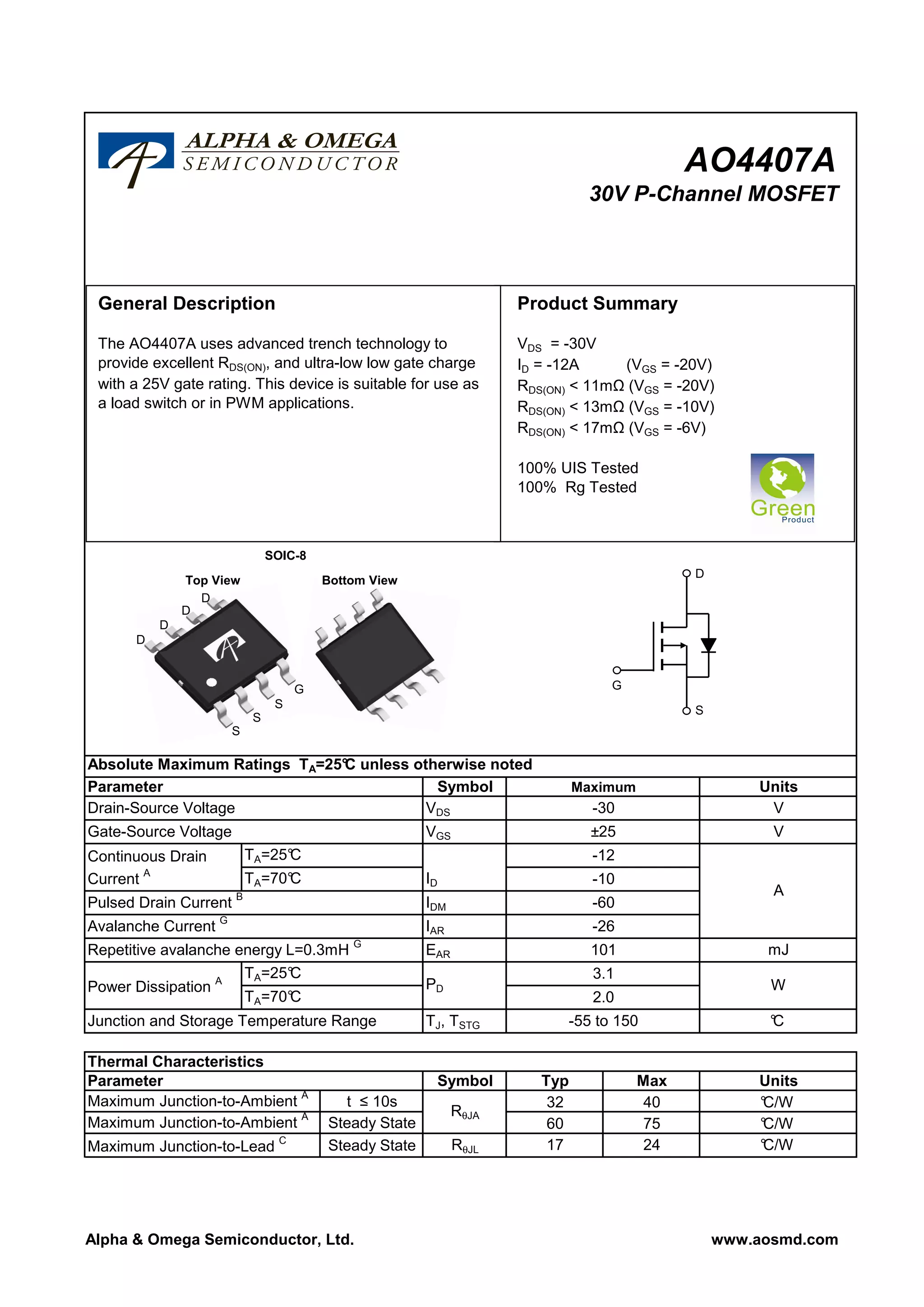 Original Mosfet Driver AO4407A 4407A 4407 SOP-8 New Alpha&Omega | PDF