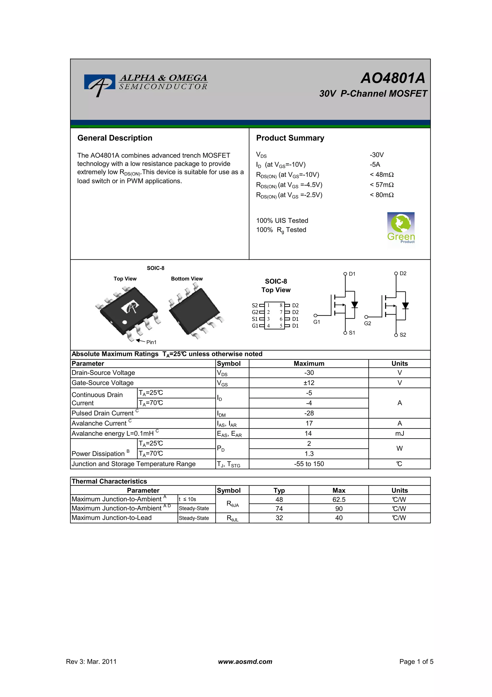 Original P-Channel Mosfet AO4801A 4801A 4801 SOP-8 New | PDF