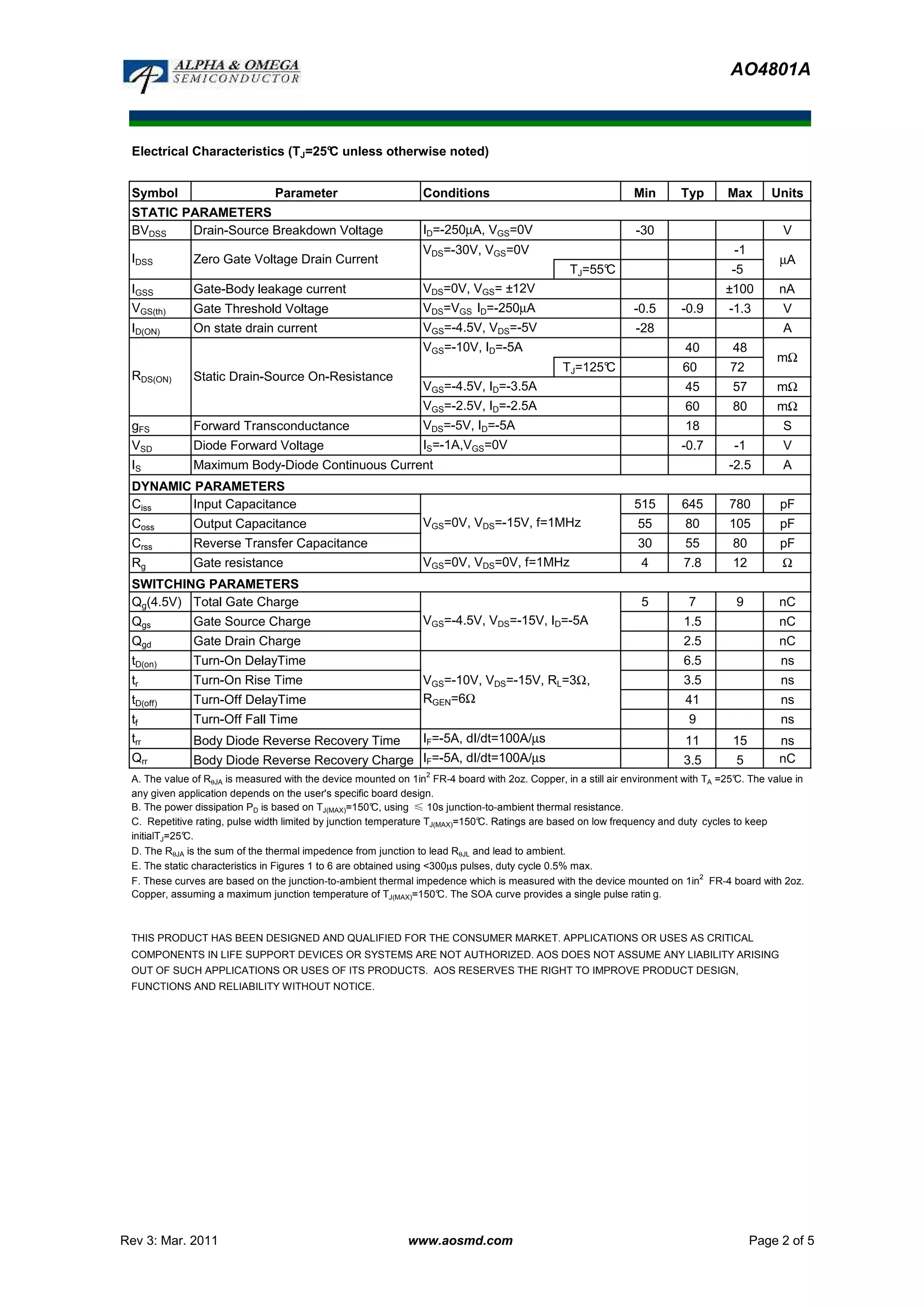 Original P-Channel Mosfet AO4801A 4801A 4801 SOP-8 New | PDF