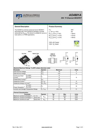 Original P-Channel Mosfet AO4801A 4801A 4801 SOP-8 New | PDF