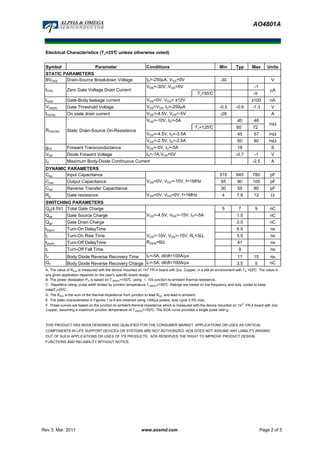 Original P-Channel Mosfet AO4801A 4801A 4801 SOP-8 New | PDF