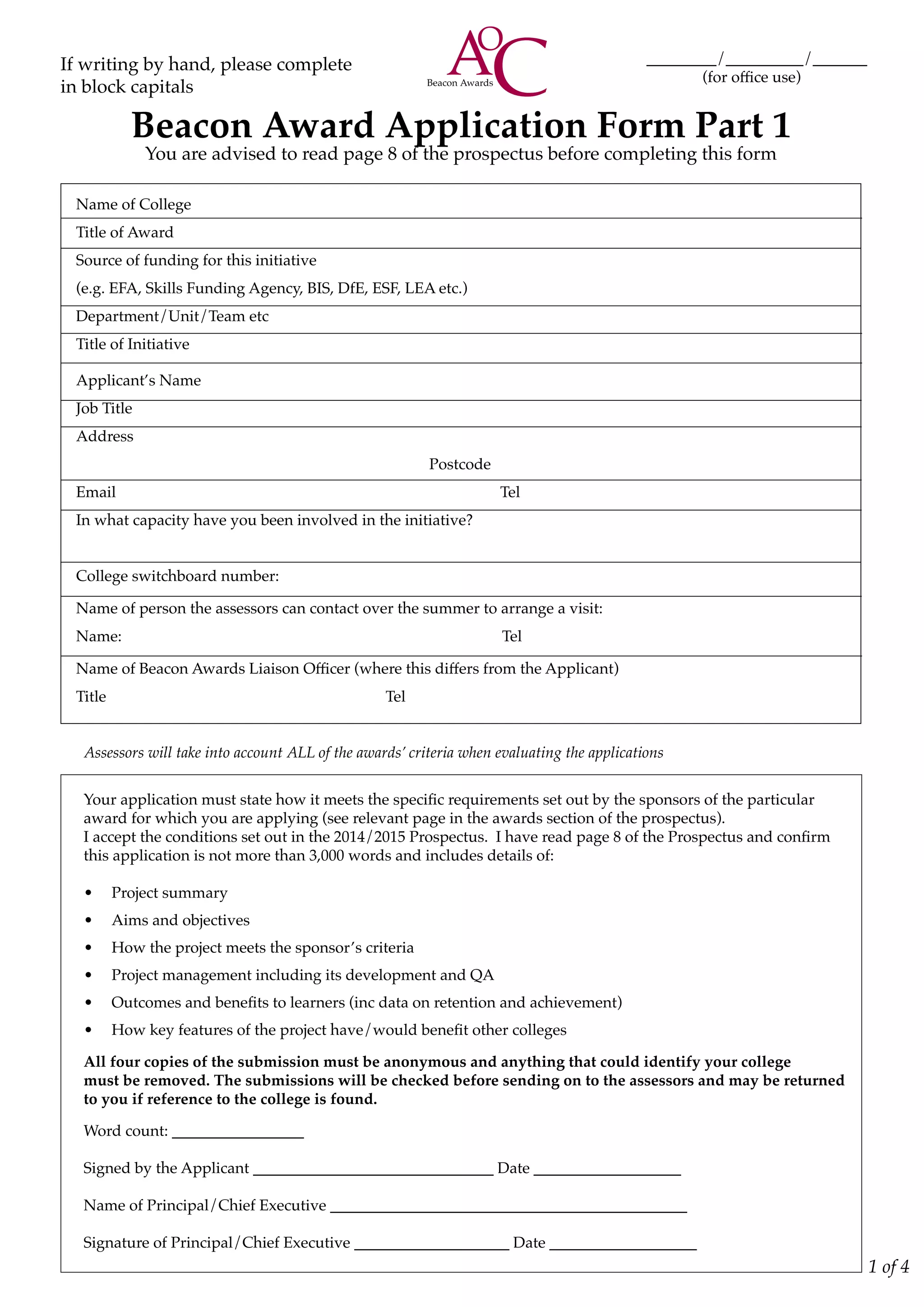 AoC Beacon Awards 2014-15 prospectus - application | PDF